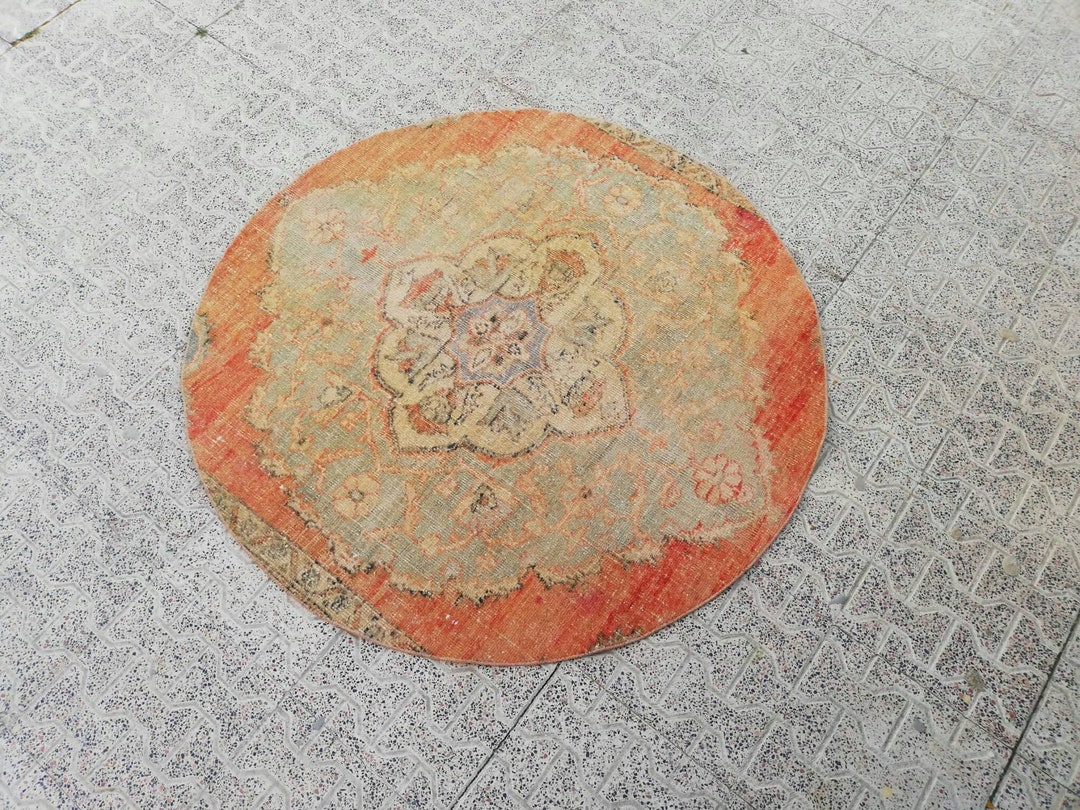 Vintage Round Rug,circle Rug,round Rug,faded Rug,low Pile Pattern Rug ...
