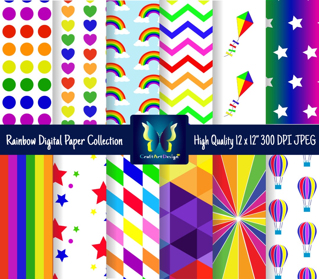 Rainbow Digital Paper Collection: Colorful Rainbow Patterns. Bright ...