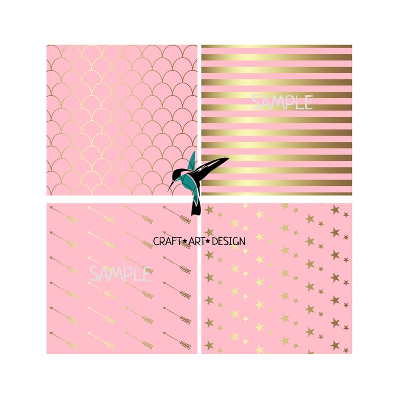 Soft Pink and Gold Digital Paper. Chevrons Stripes Polka Dots Hearts ...