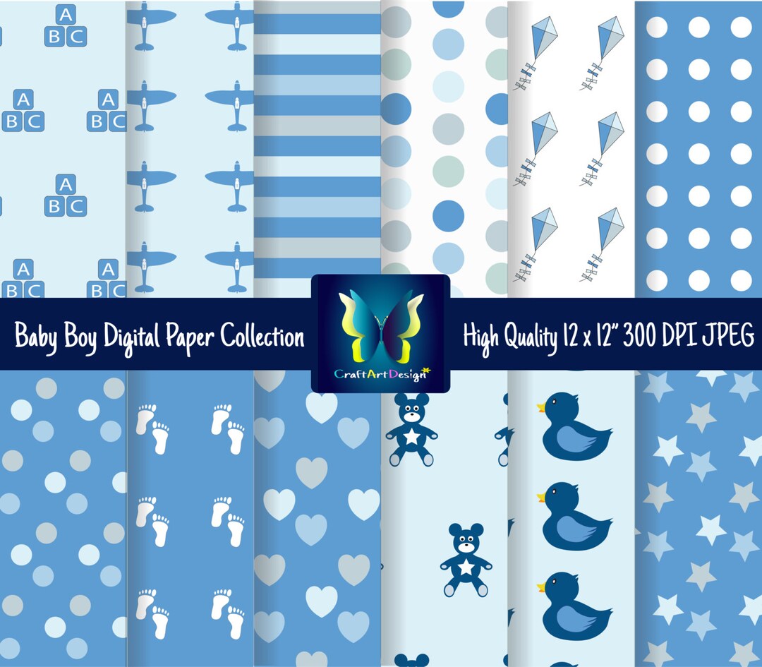 Baby Boy Digital Paper Collection: Light Blue With Patterns, Stars ...
