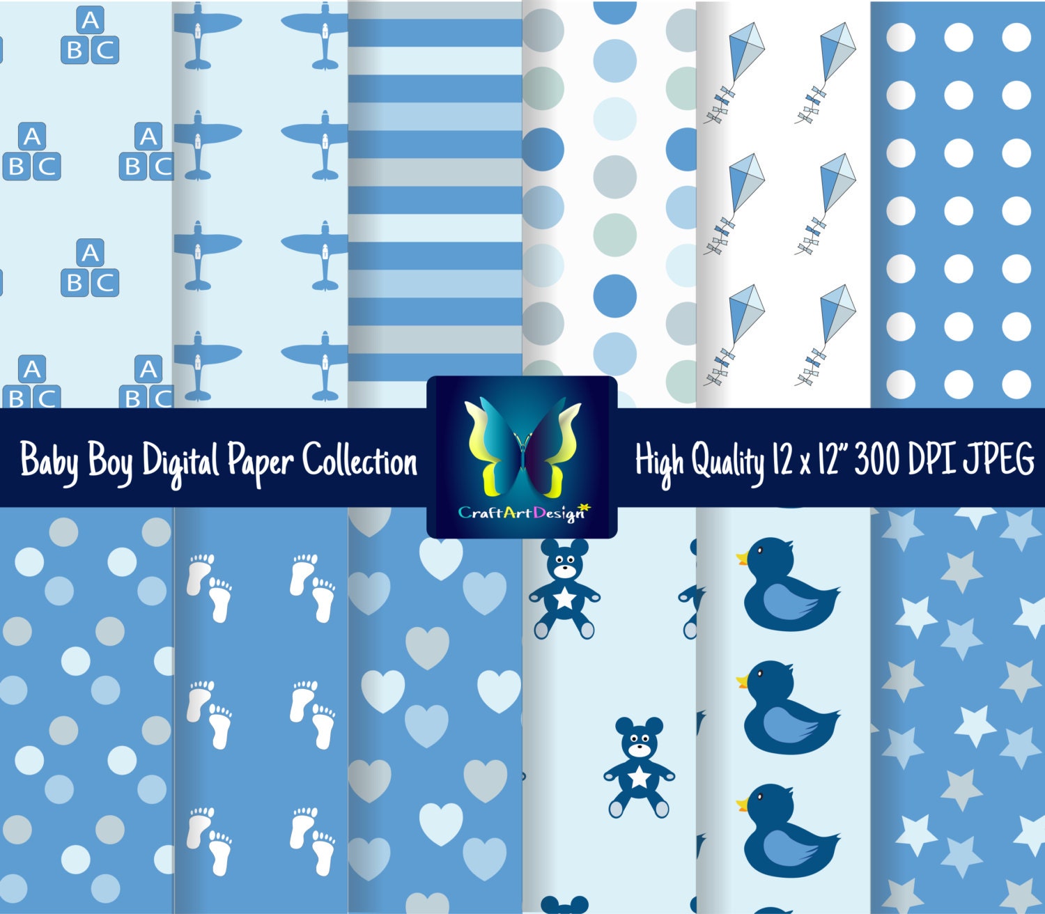 Baby Boy Digital Paper Collection: Light Blue With Patterns, Stars ...
