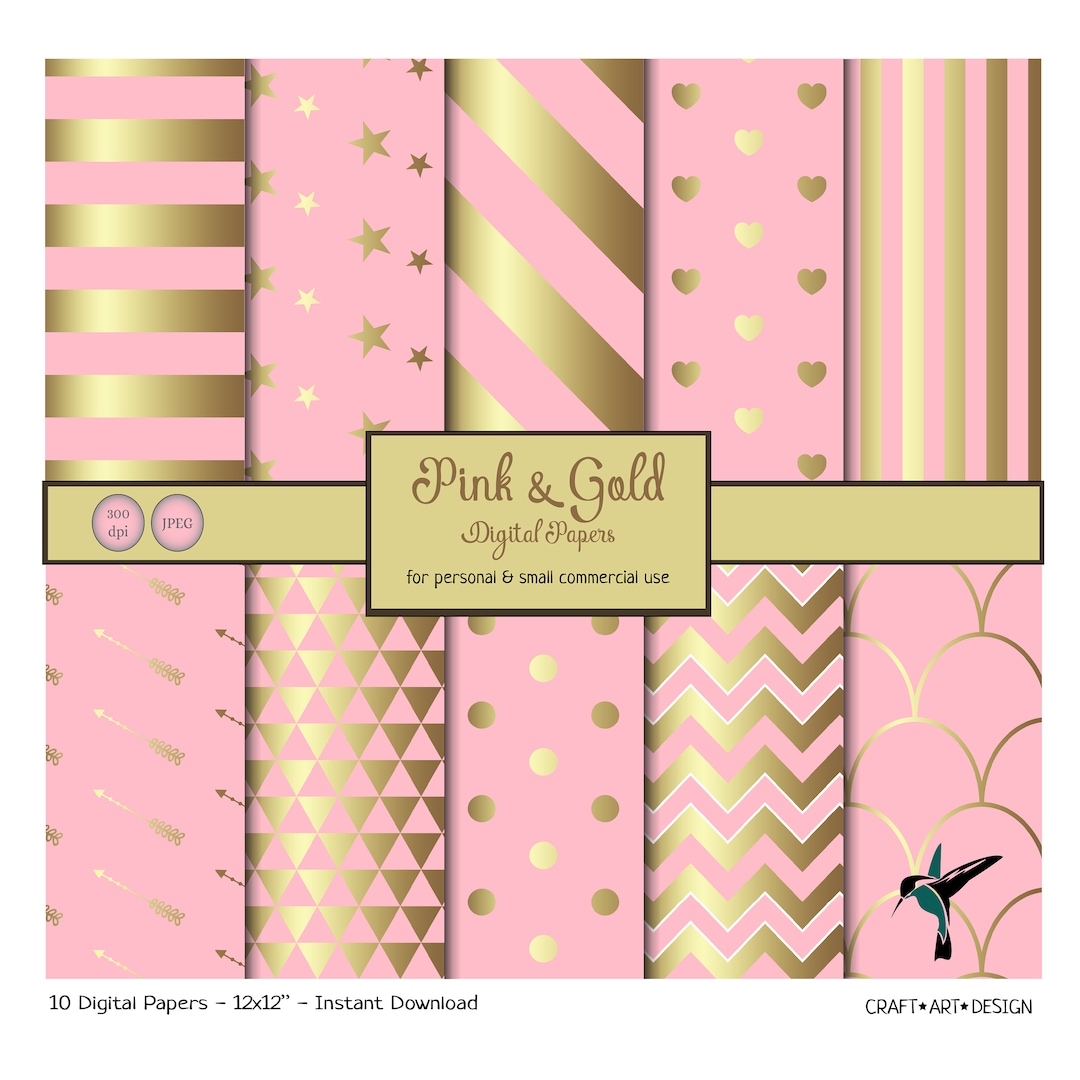 Soft Pink and Gold Digital Paper. Chevrons Stripes Polka Dots Hearts ...