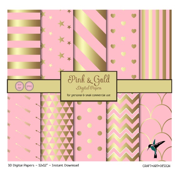 Soft Pink and Gold Digital Paper. Chevrons Stripes Polka Dots | Etsy