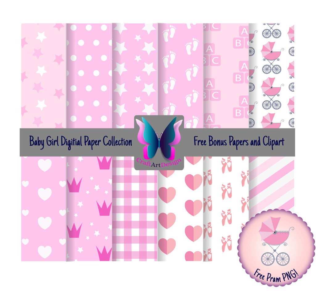 Baby Girl; Digital Paper Collection: With Patterns, Stars, Hearts ...