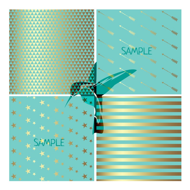 Mint Green and Gold Digital Paper. Chevrons Stripes Polka Dots Hearts ...