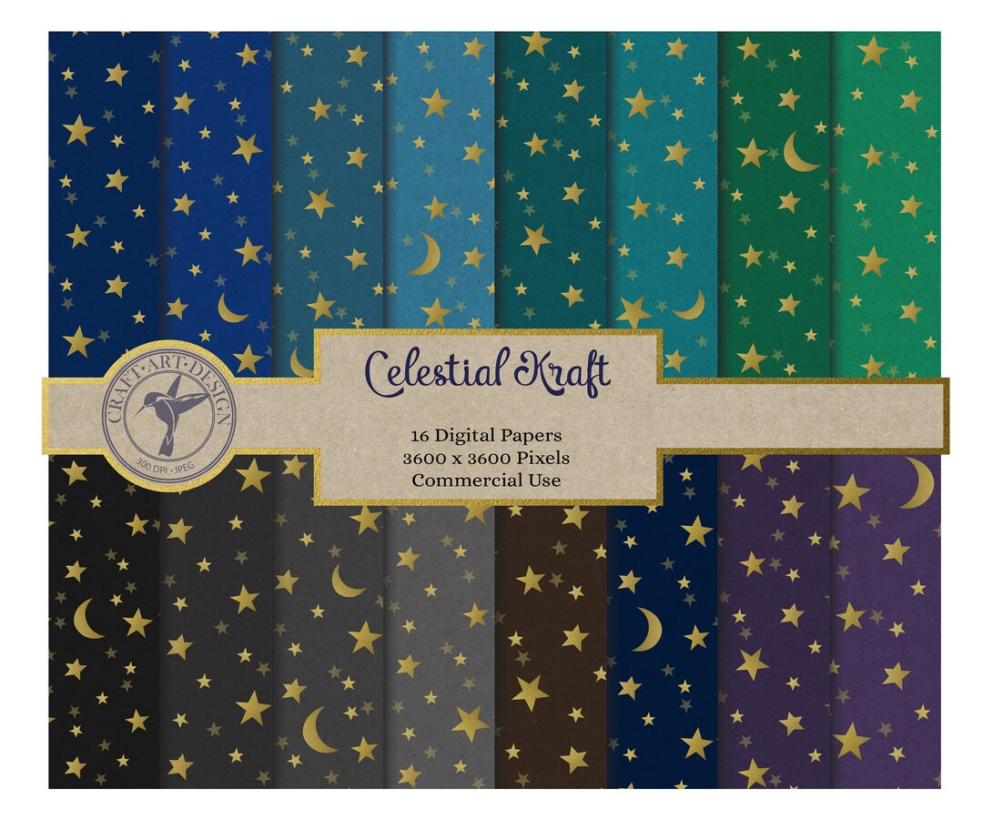 Digital Paper Pack - Celestial Kraft Paper - Gold Moon and Stars ...