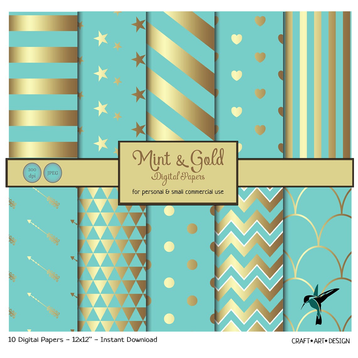 Mint Green and Gold Digital Paper. Chevrons Stripes Polka Dots Hearts ...