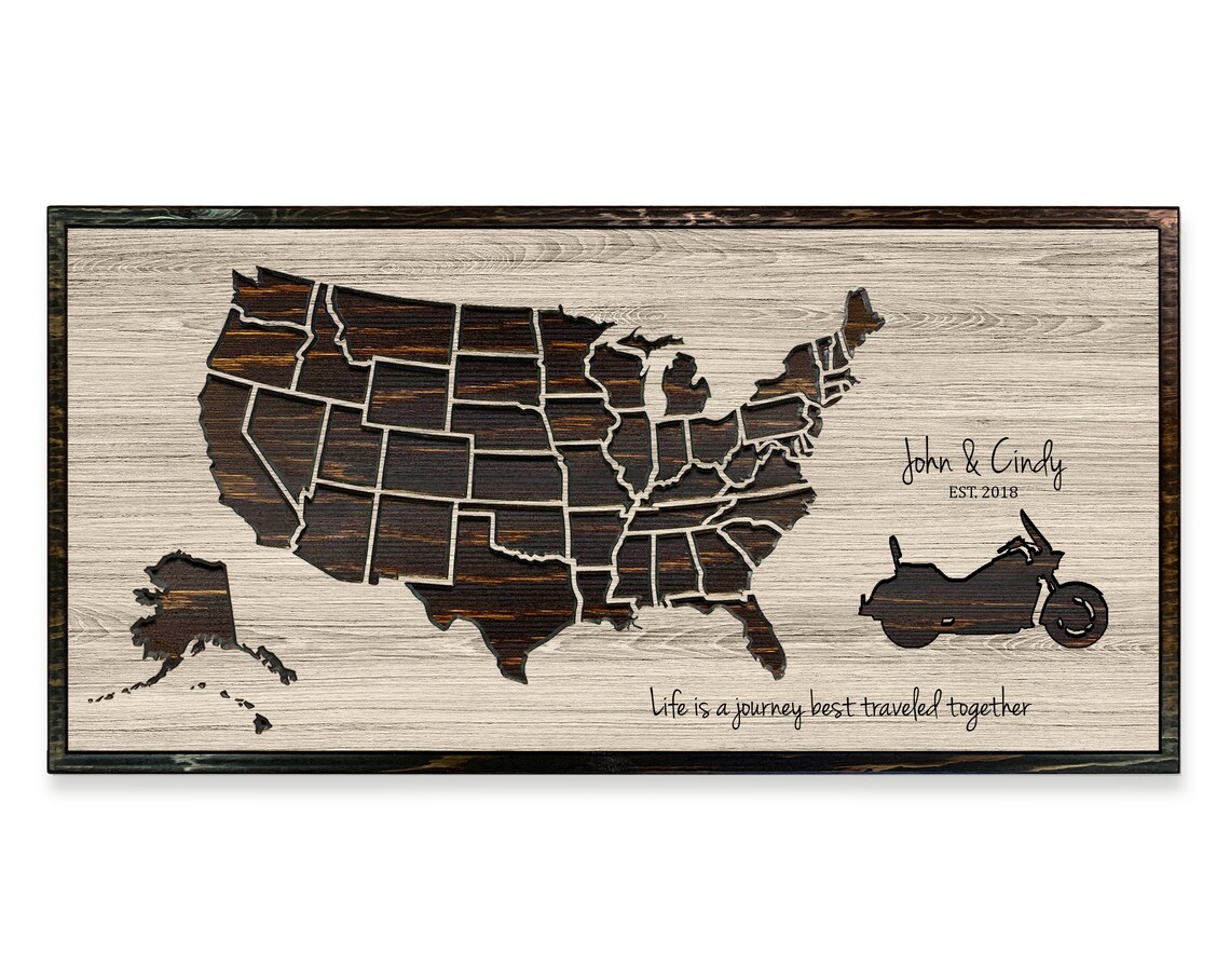 US Push Pin Map Motorcycle Travel Map Wood Map Carved - Etsy