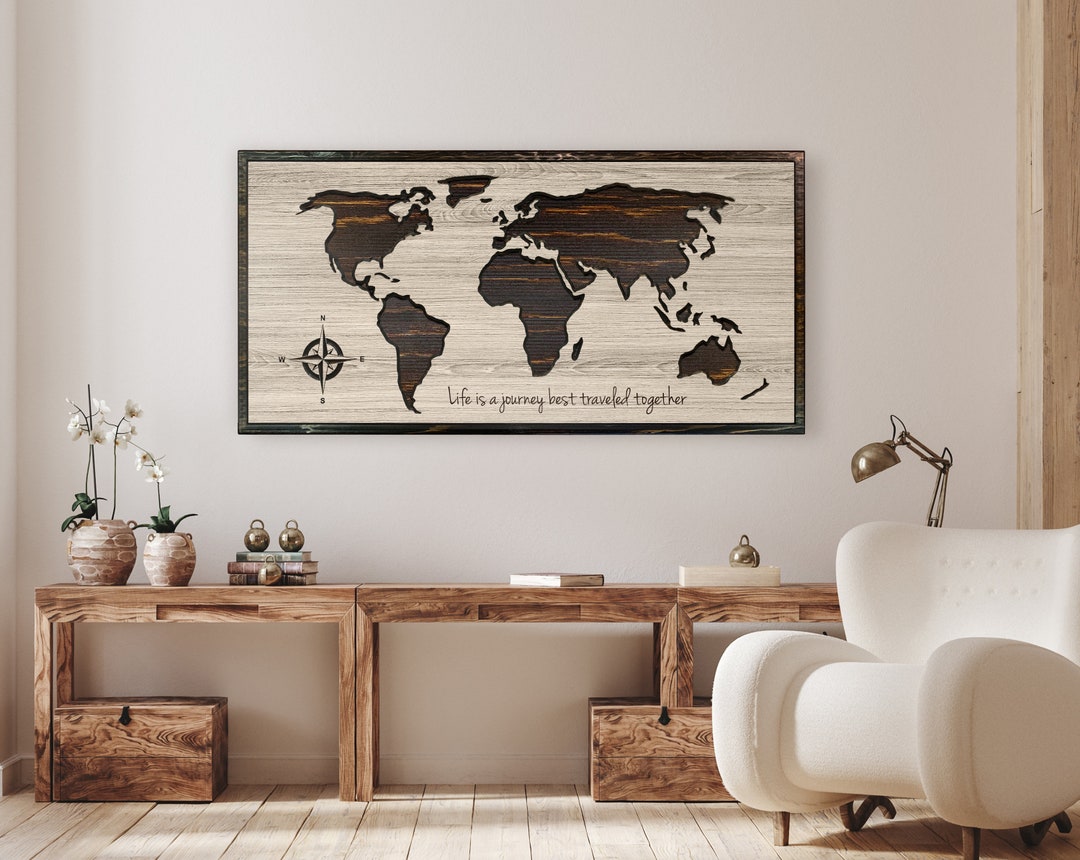 World Map Wall Art - Wood Wall Art - Push Pin Map of World - Carved ...