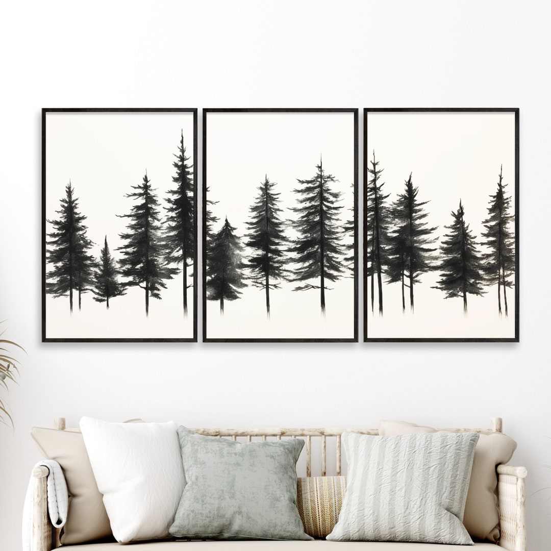 Minimalist Art - Framed Pine Tree Forest Wall Art - Evergreen Trees ...