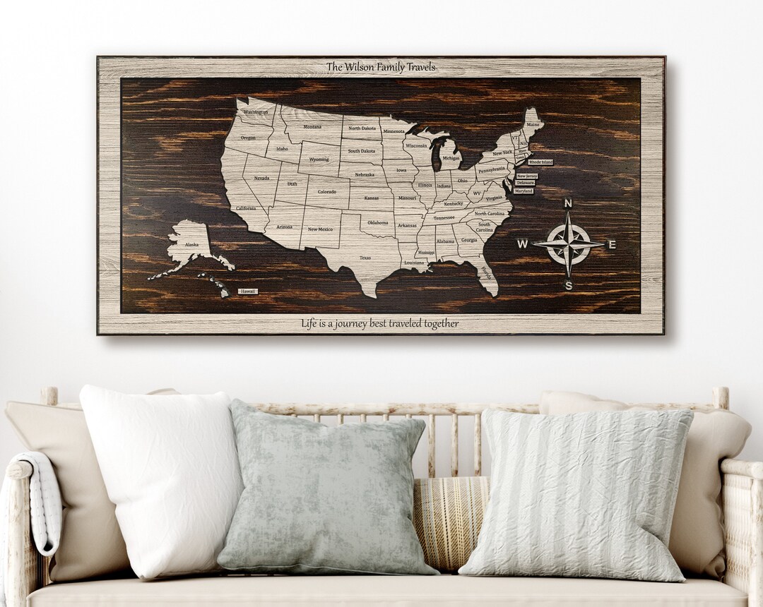 US Push Pin Map to Mark Travels - Wood Wall Art - Carved Wooden Map ...