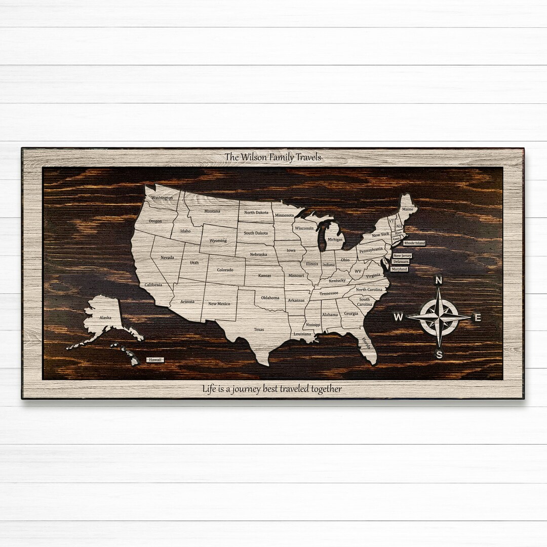 US Push Pin Map to Mark Travels - Wood Wall Art - Carved Wooden Map ...