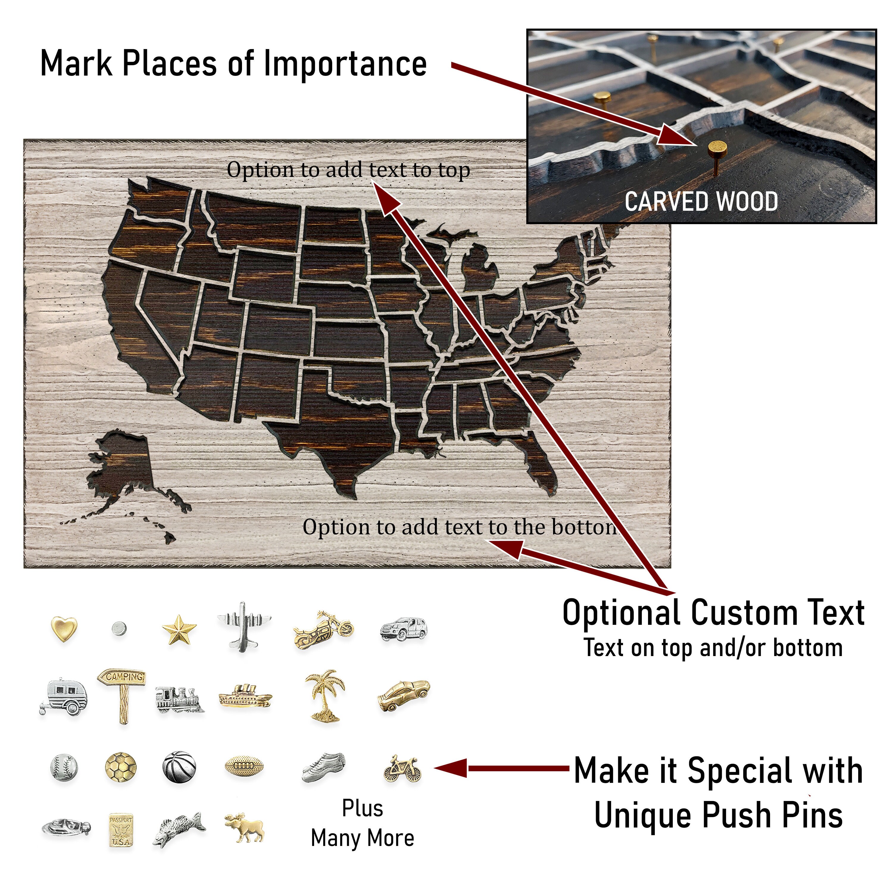 Carved Wood US Push Pin Travel Map Rustic Wood Finish Easy - Etsy
