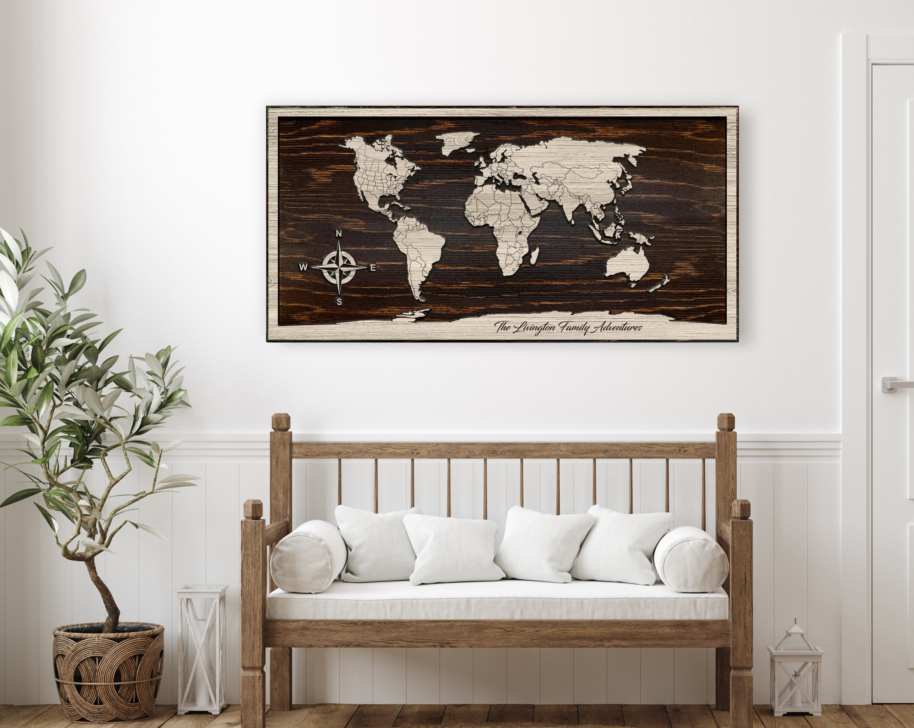 World Map Wall Art With Countries - Wood Wall Art - Push Pin Map of the ...