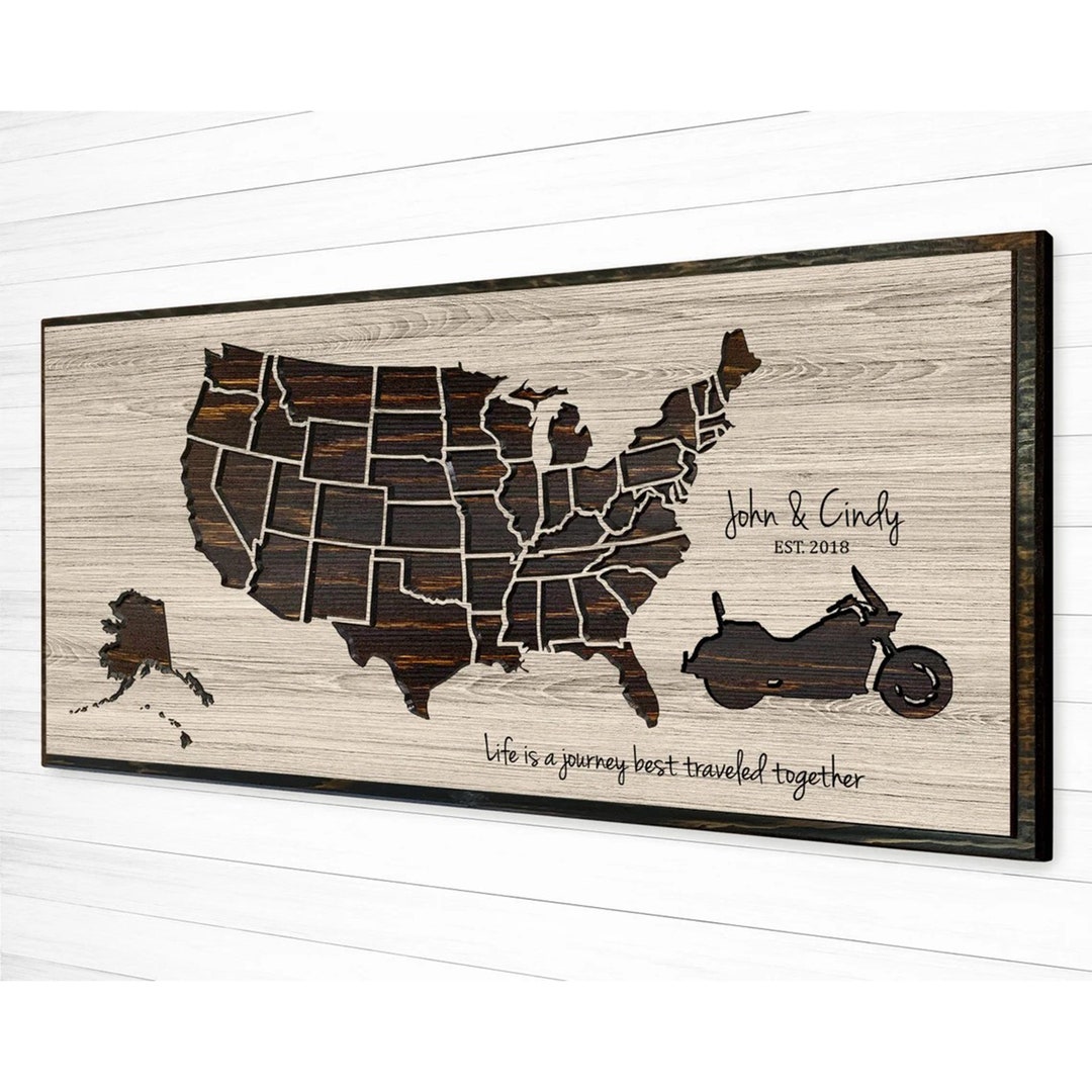 US Push Pin Map - Motorcycle Travel Map - Wood Map Carved ...