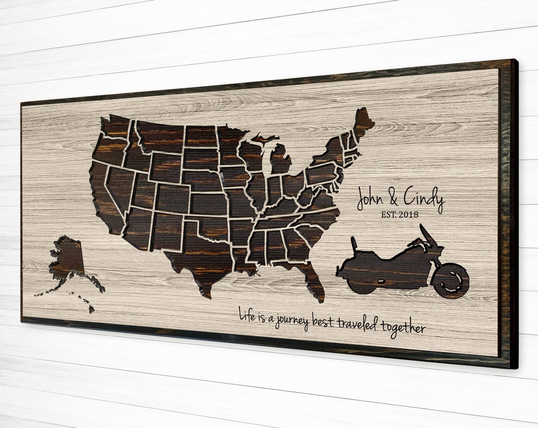US Push Pin Map Motorcycle Travel Map Wood Map Carved Personalized Text ...