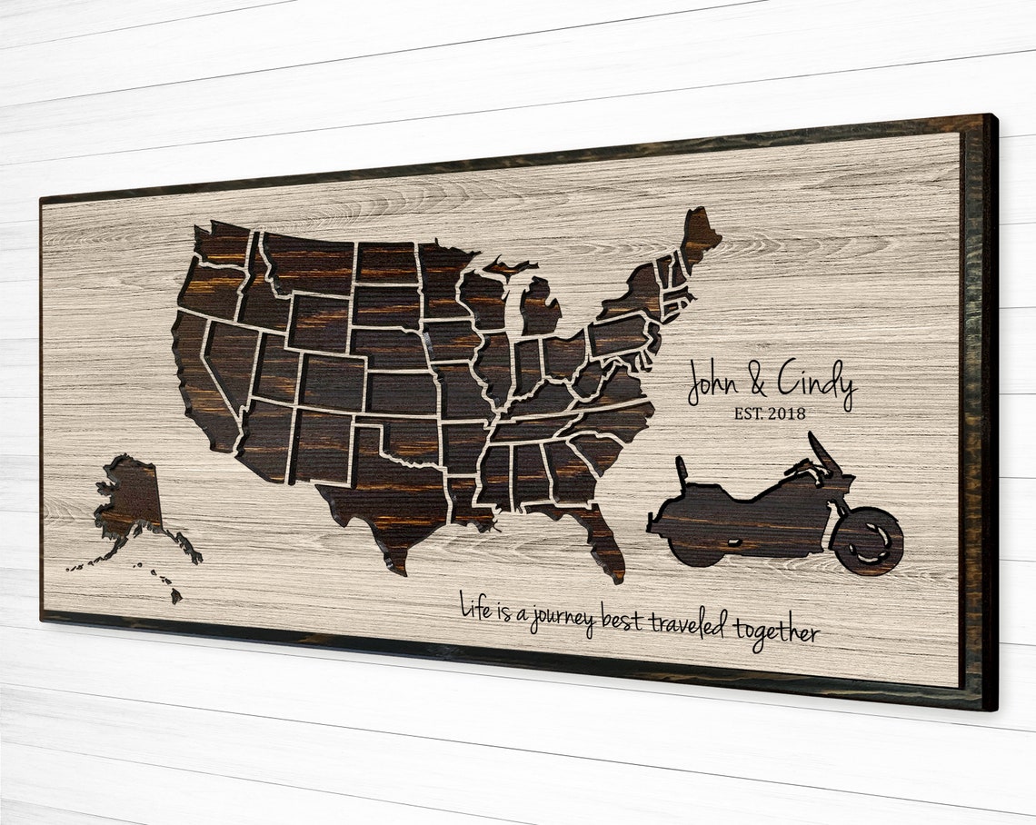 US Push Pin Map Motorcycle Travel Map Wood Map Carved - Etsy