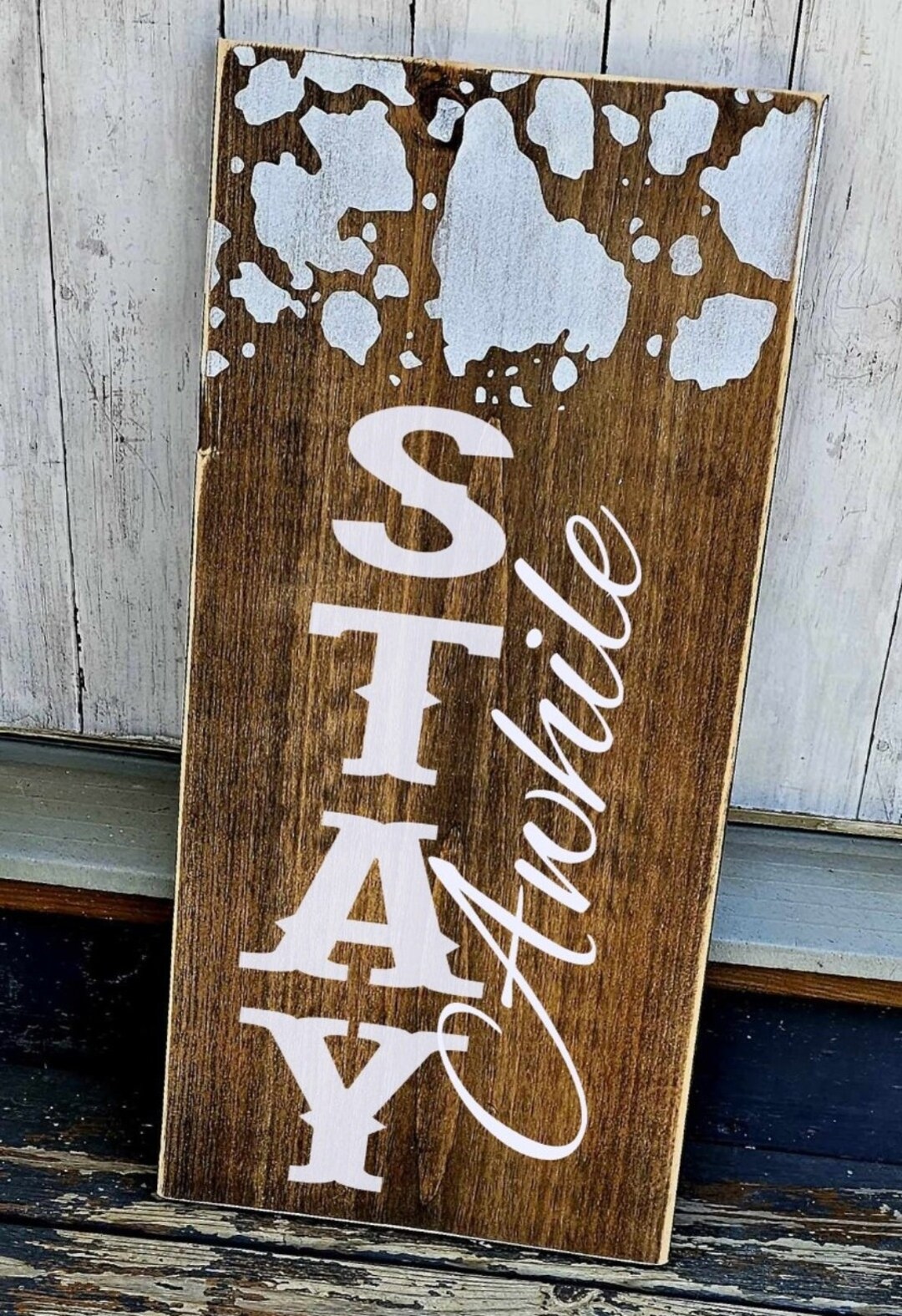 Custom Cowhide Stay Awhile Welcome Sign - Cow Print Sign - Wedding ...