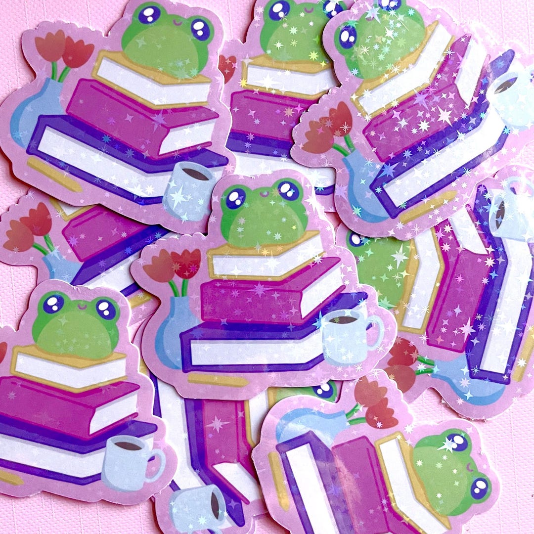 Frog on a Book Stack Sticker | Holographic Vinyl Sticker | Frog Sticker ...