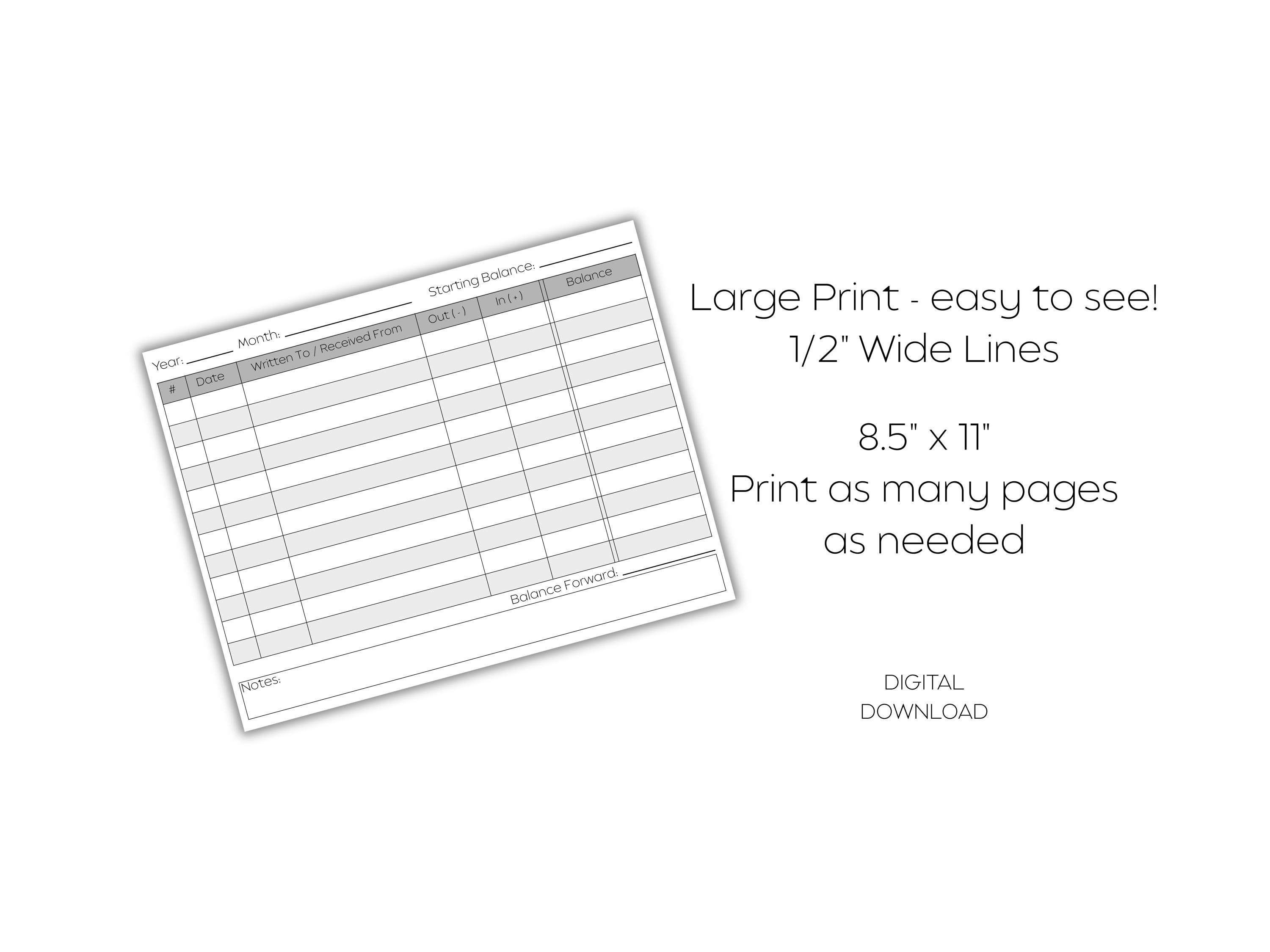 Check Register , Large Print, Instant Digital Download, 11 X 8.5 PDF - Etsy