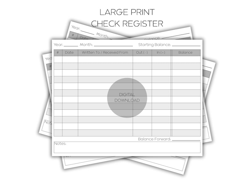 Check Register , Large Print, Instant Digital Download, 11 X 8.5 PDF - Etsy