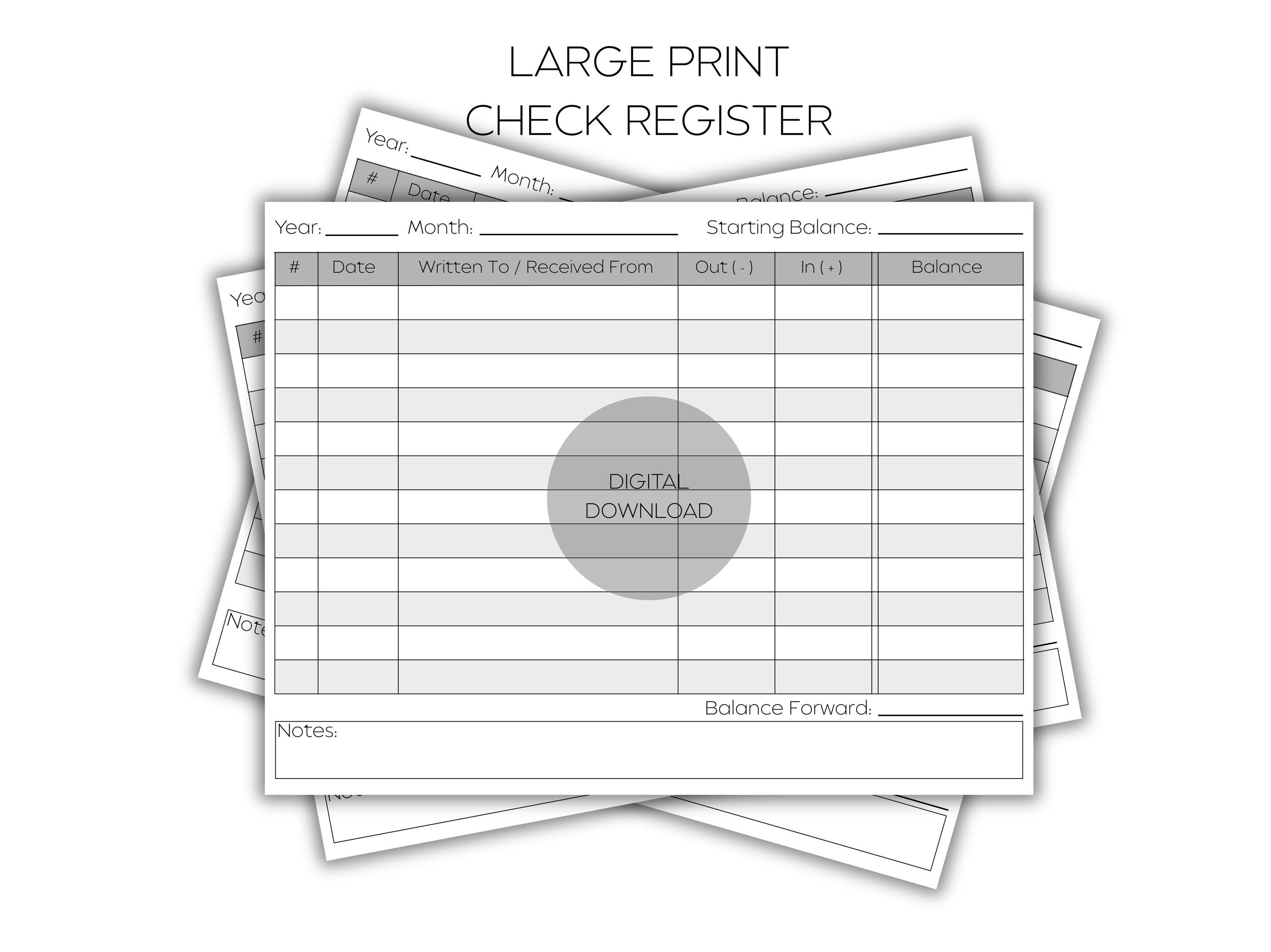 Check Register , Large Print, Instant Digital Download, 11 X 8.5 PDF - Etsy