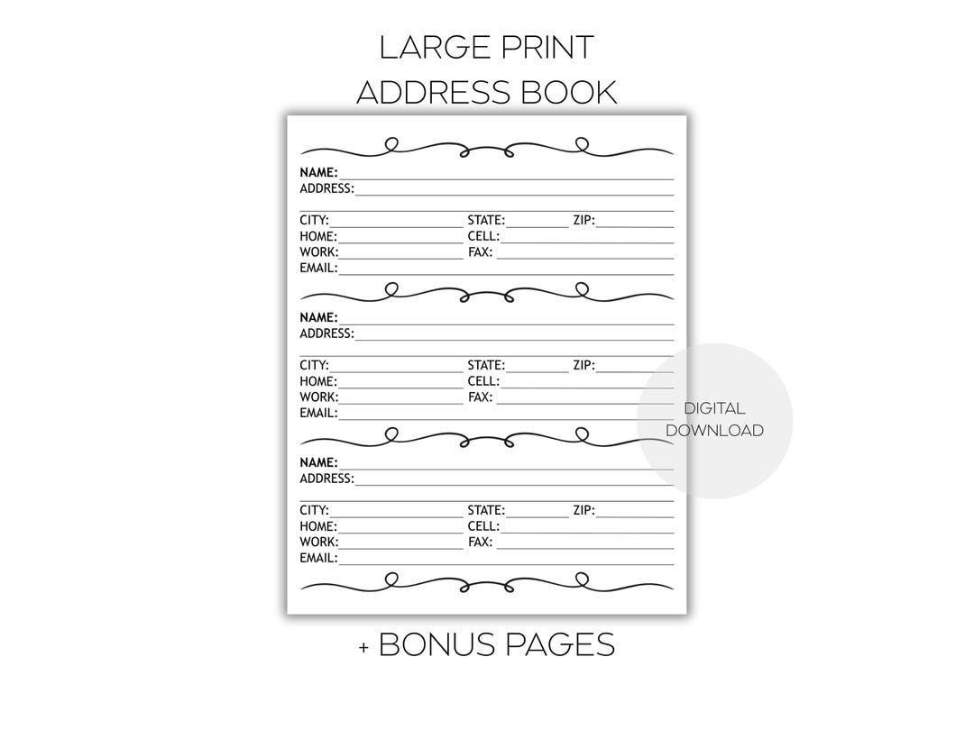 Address Book , Large Print, Instant Digital Download, 8.5x11 PDF - Etsy