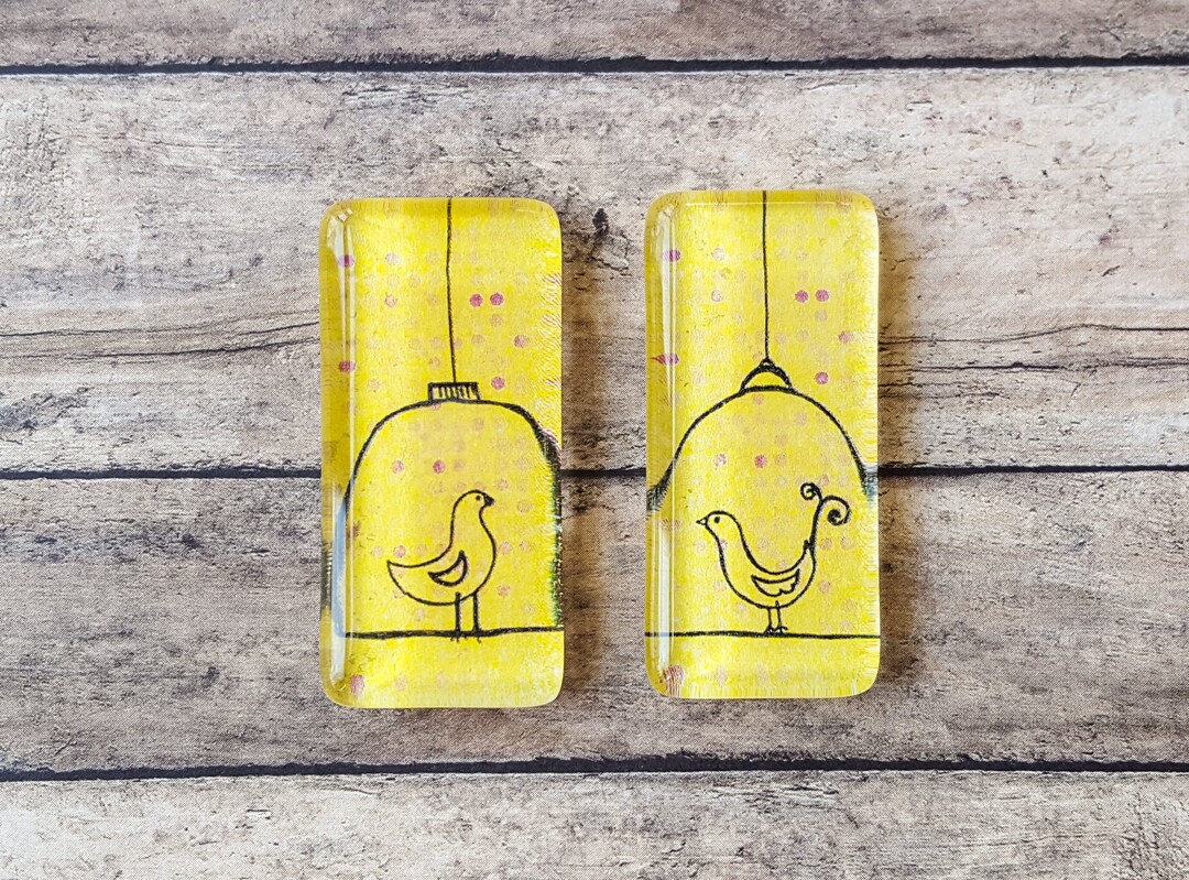 Glass Tile Magnets Domino Yellow Dots Bird in a Cage Third Anniversary ...