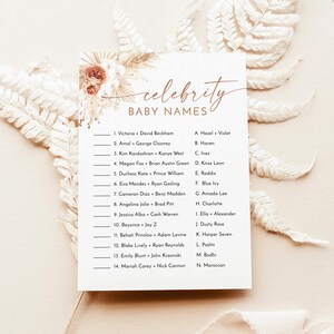Celebrity Baby Names Game, Pampas Grass Baby Shower Game, Boho Baby ...