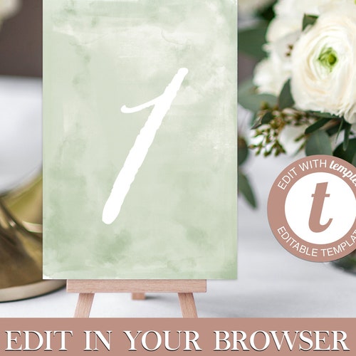 Green Foliage Printable Table Number Card Editable Template - Etsy