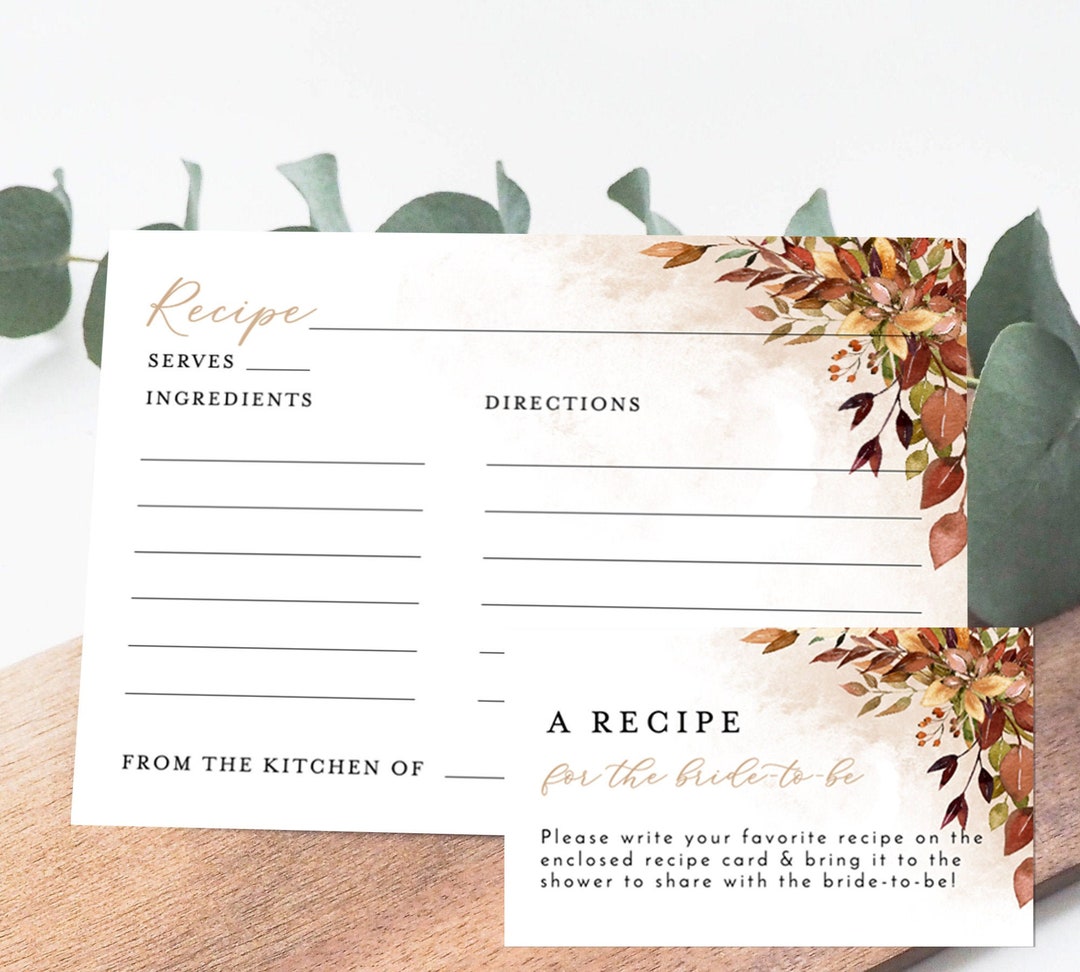 Fall Recipe Card Template Fall Bridal Shower Recipe Card - Etsy