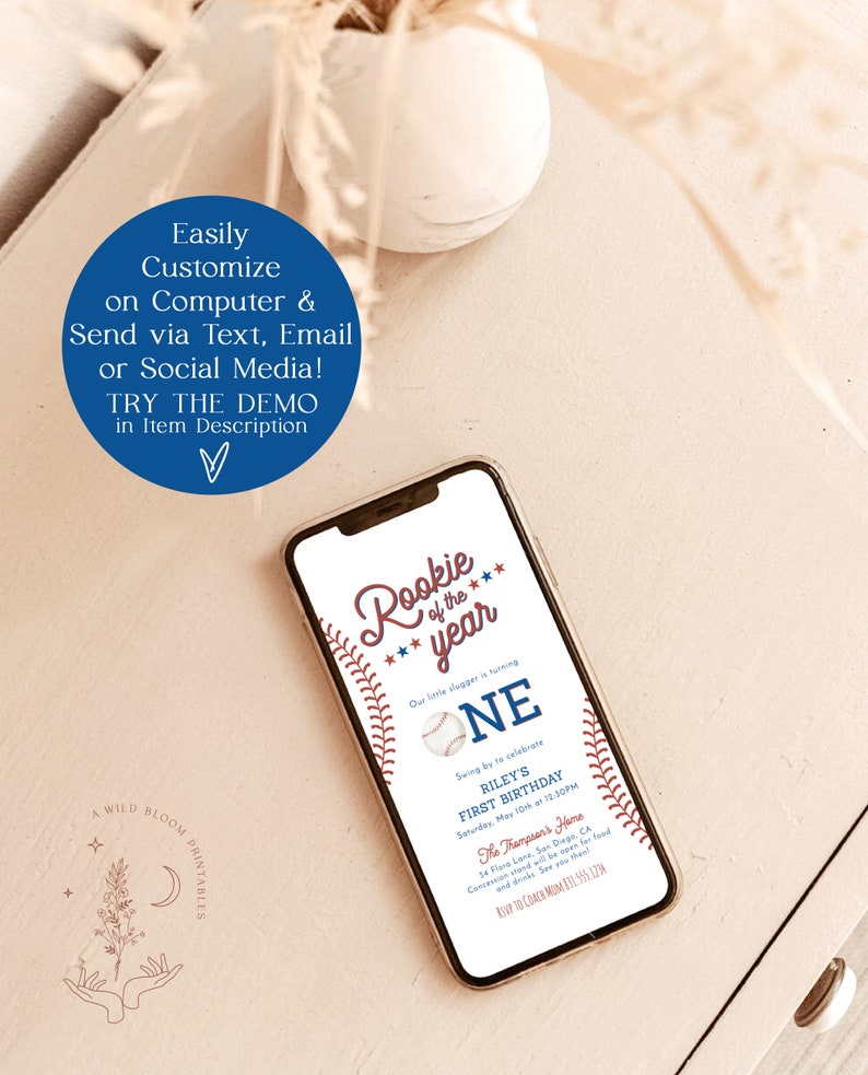 Baseball First Birthday Text Invite, Digital Rookie of the Year Invite ...