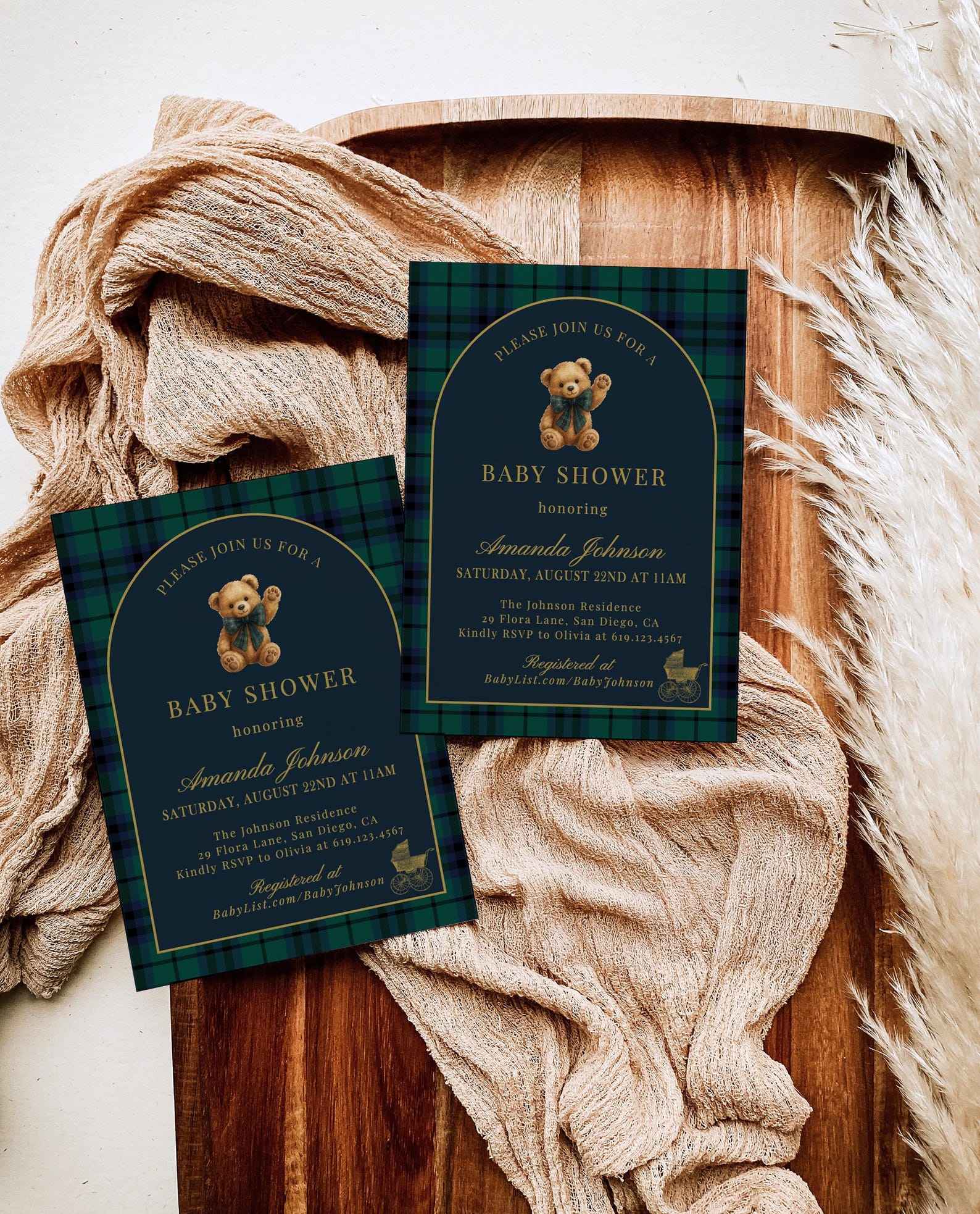 Classic Plaid Baby Shower Invitation, Bear Dark Green Blue Invites ...