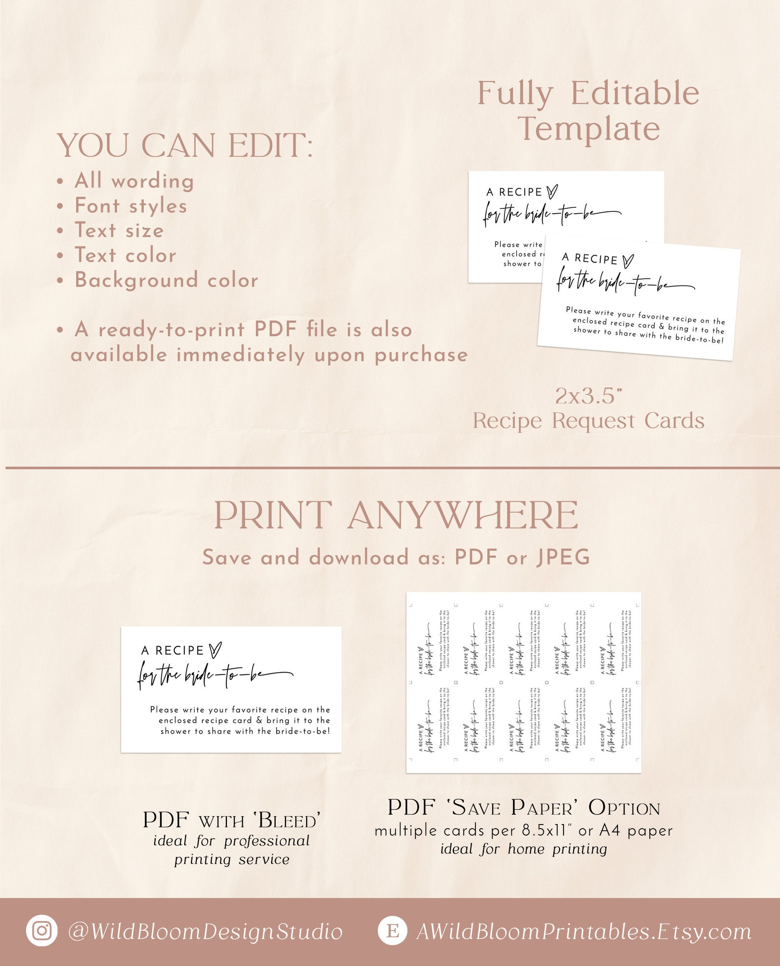 Minimalist Recipe Request Card Template Bridal Shower Recipe - Etsy