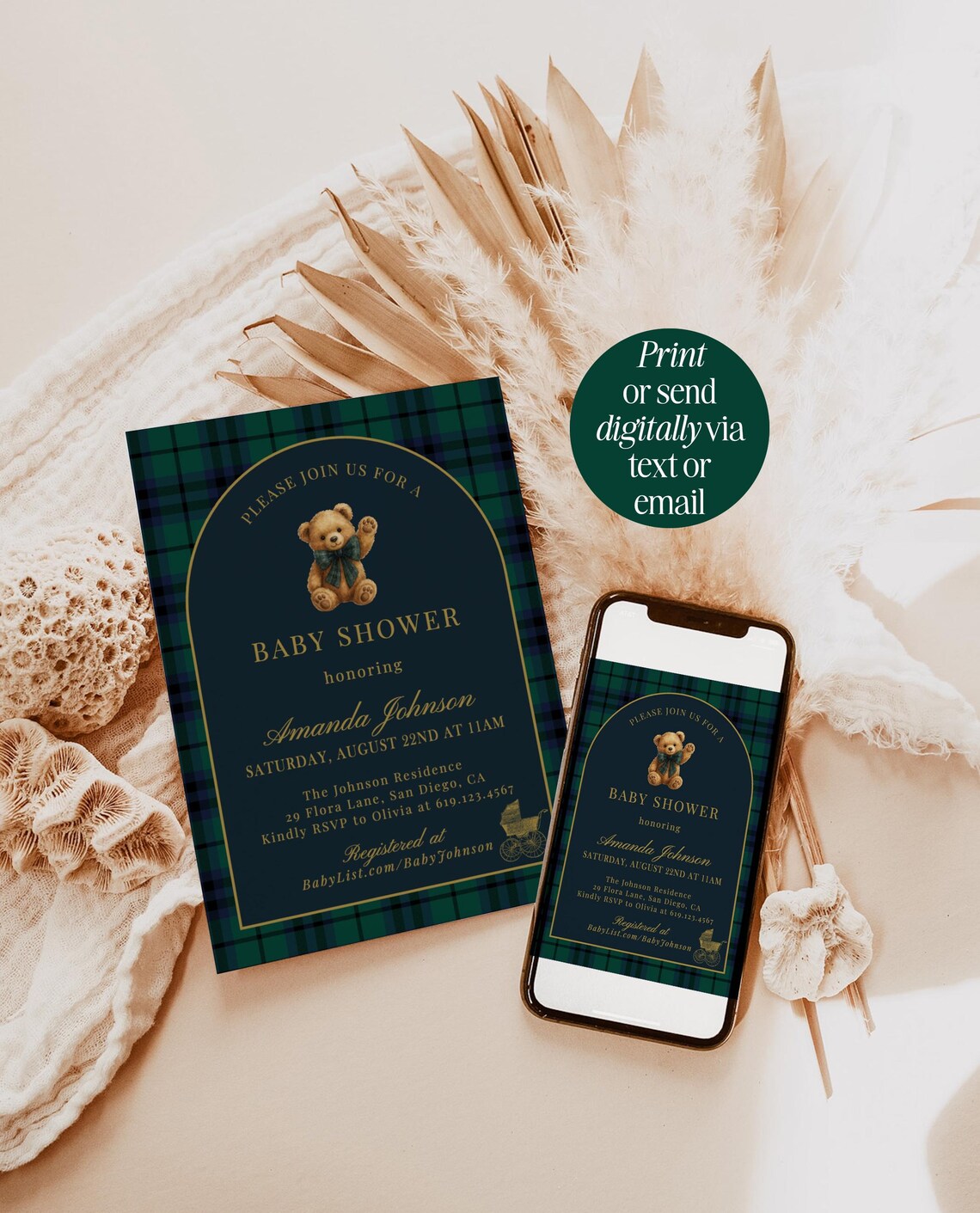 Classic Plaid Baby Shower Invitation, Bear Dark Green Blue Plaid Shower ...