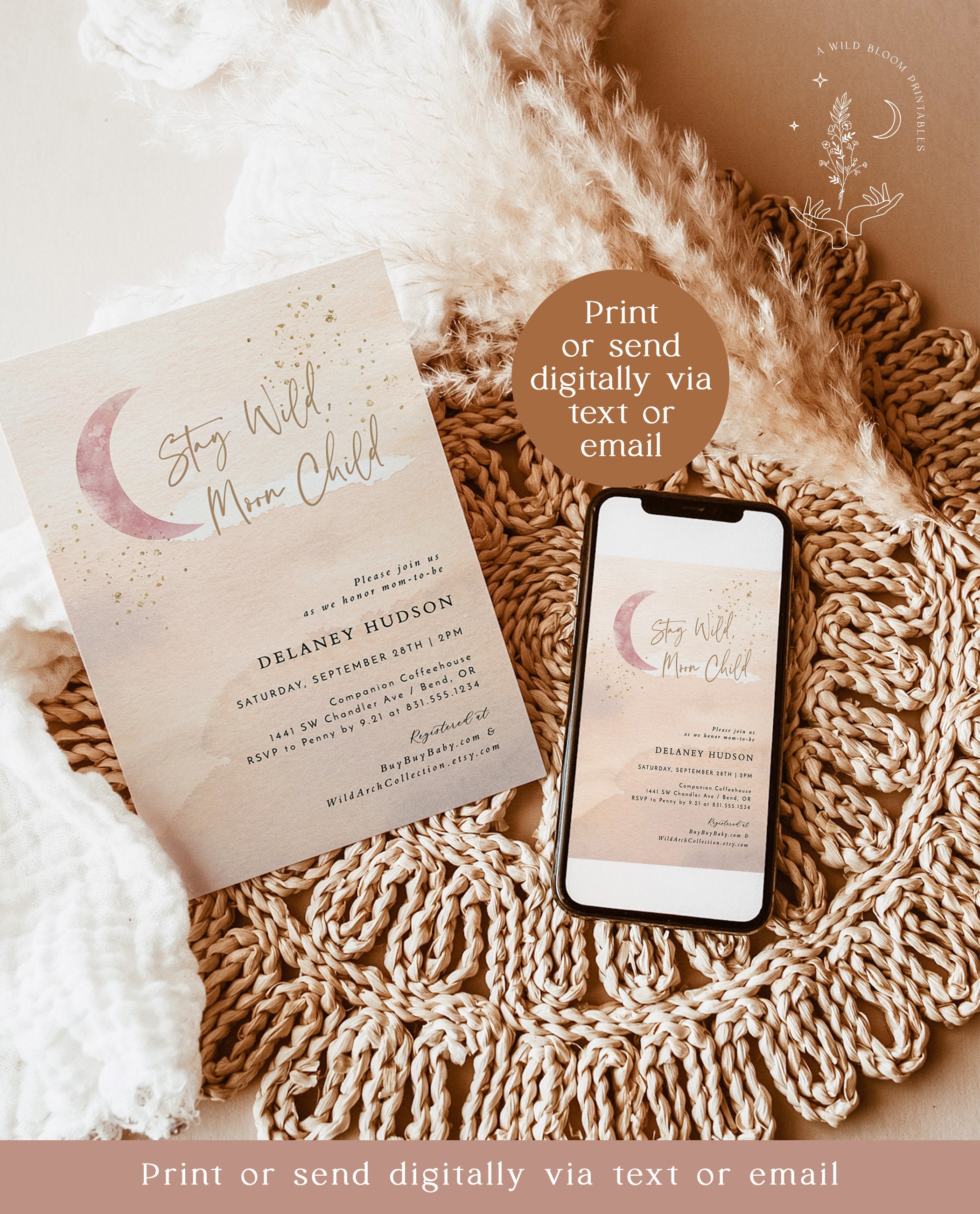 Moon and Stars Baby Shower Invitation Bundle Baby Girl | Etsy