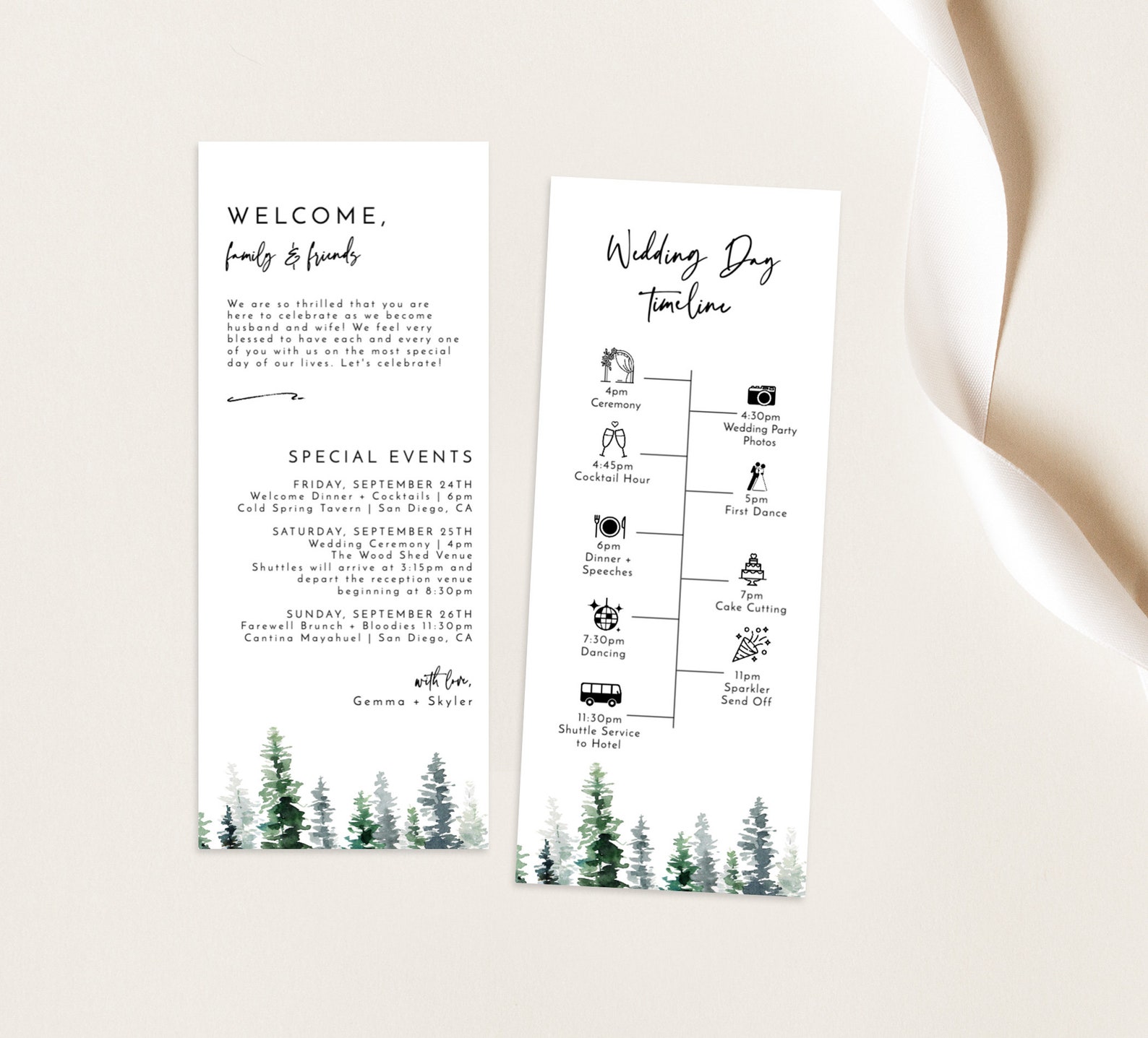 Winter Welcome Letter & Itinerary, Rustic Pine Tree Wedding, Mountain Tree Wedding, Order of ...