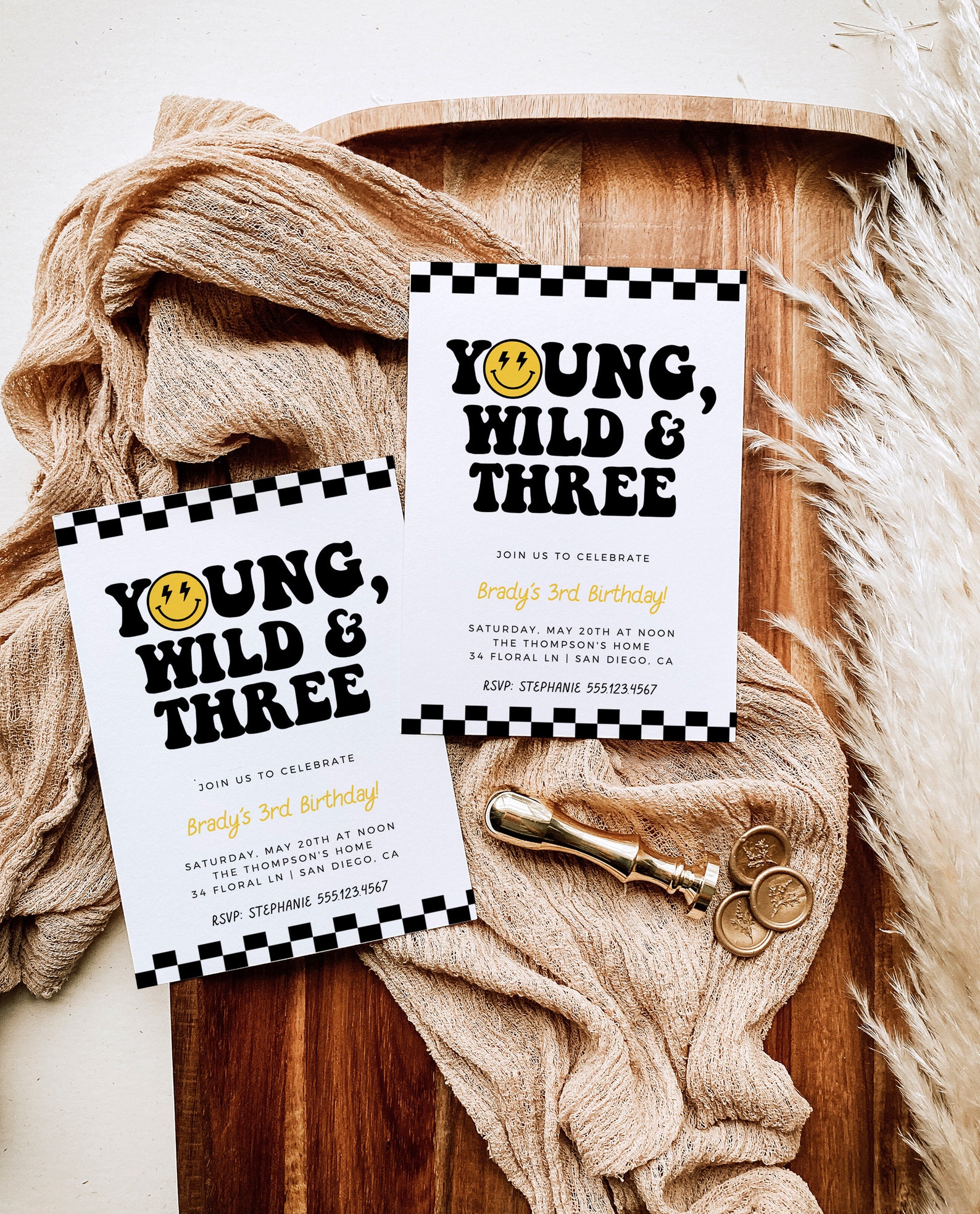 Young Wild and Three Invite Template, Smile Face Birthday, Boy 3rd ...