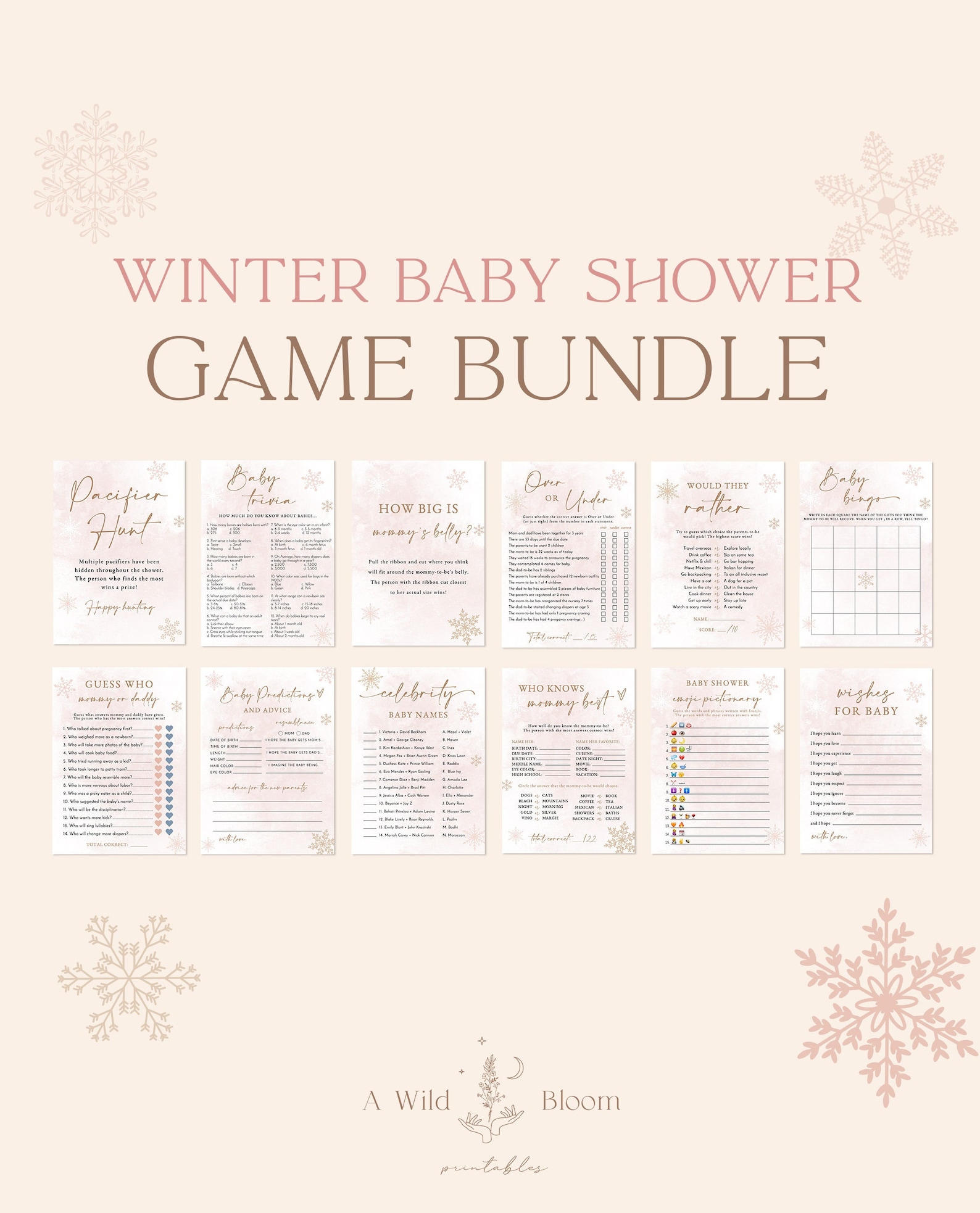 Winter Baby Shower Game Bundle Snowflake Baby Shower Blush - Etsy