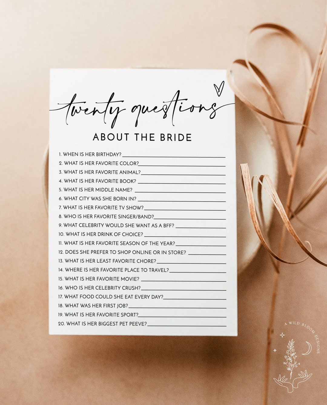 20 Questions About the Bride, Modern Bridal Trivia Shower Game ...