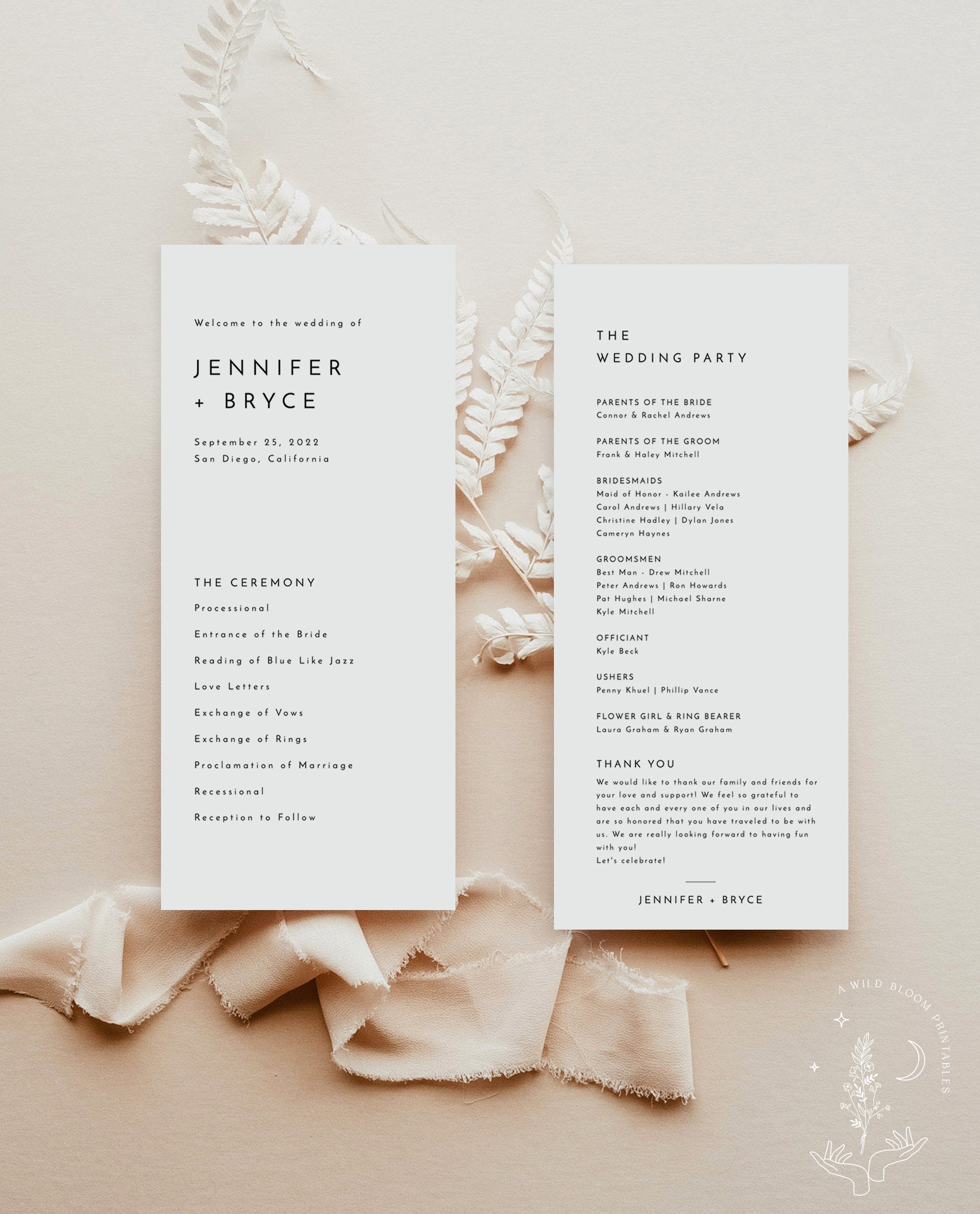 Minimalist Wedding Program Template Printable Order of - Etsy
