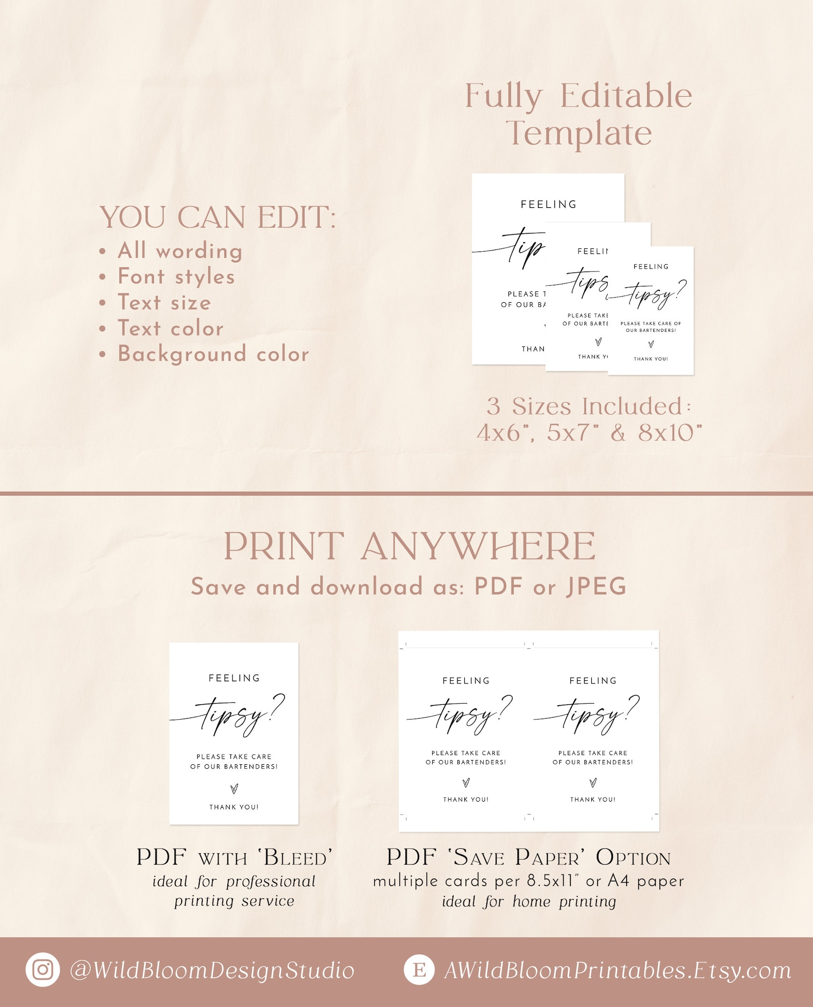 Bartender Tip Sign Template, Modern Minimalist Wedding Tip Jar Sign ...