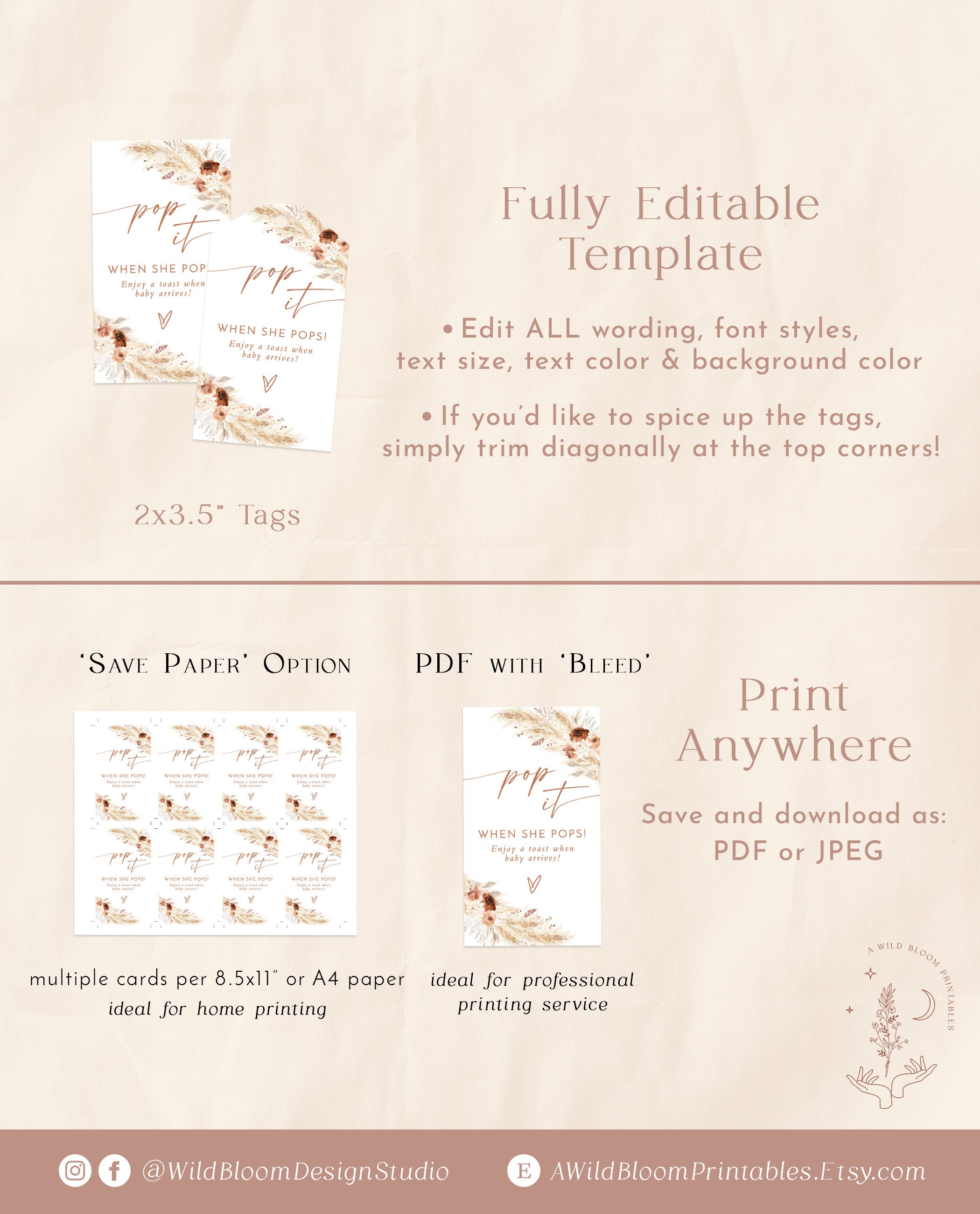 Pop When She Pops Tag, Mini Champagne Bottle Template, Baby Shower Tags ...