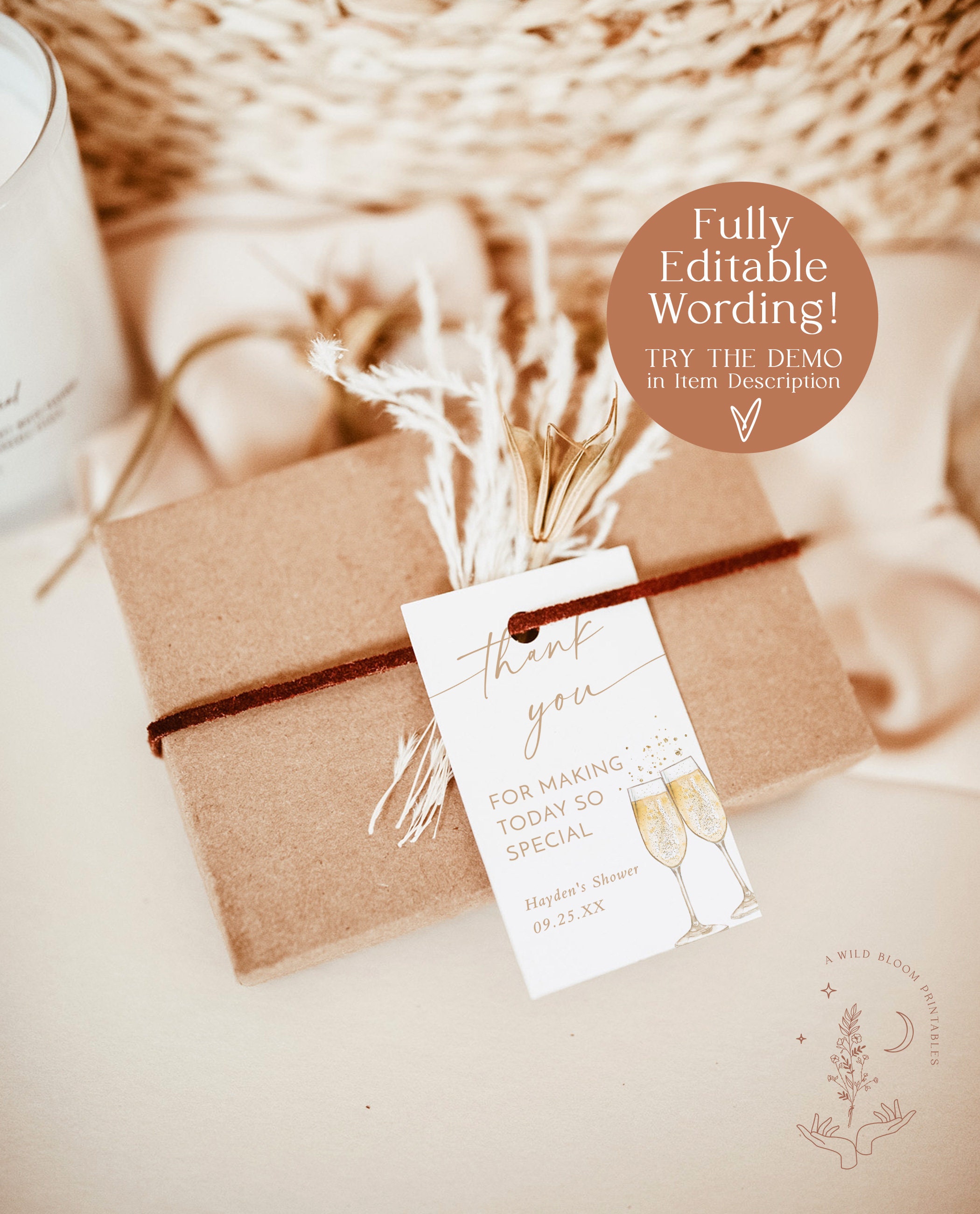 Brunch and Bubbly Thank You Tags, Boho Bridal Shower Favor Tag ...