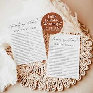 20 Questions About the Graduate, Graduation Party Game, Minimalist ...