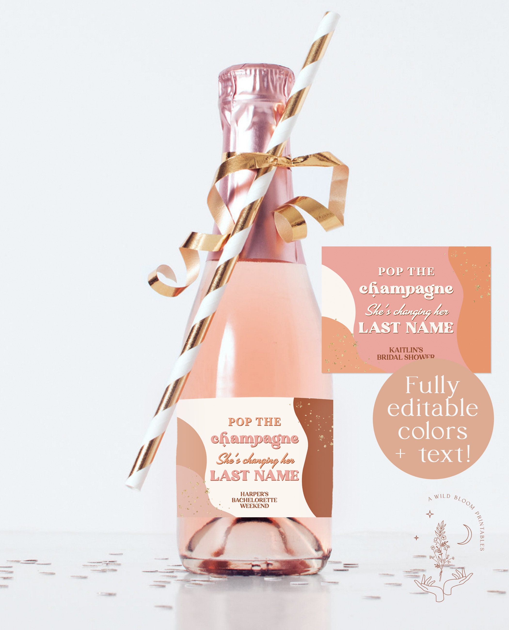 Mini Champagne Bottle Label Template, 70s Bridal Shower Champagne Label ...