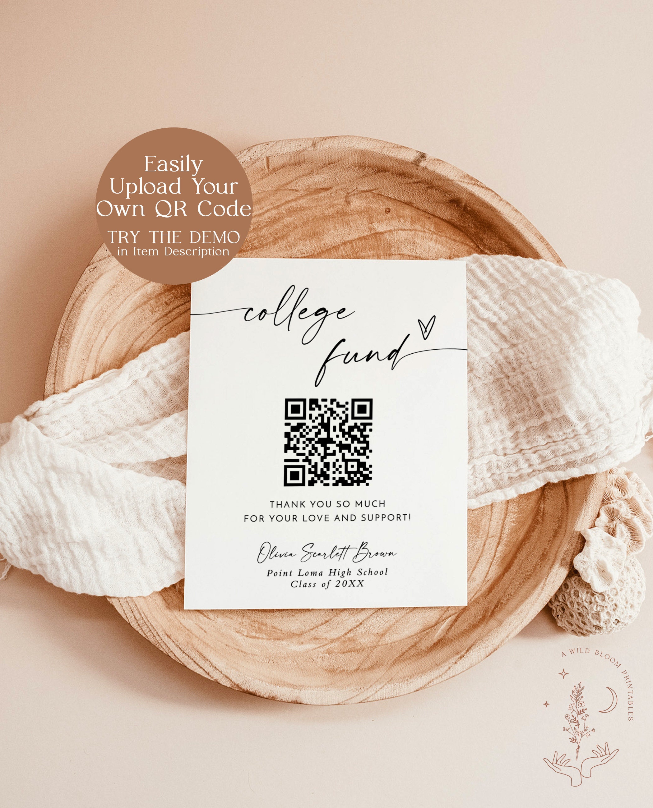 College Fund QR Code Sign, Modern Graduation Party, Venmo, Minimalist ...