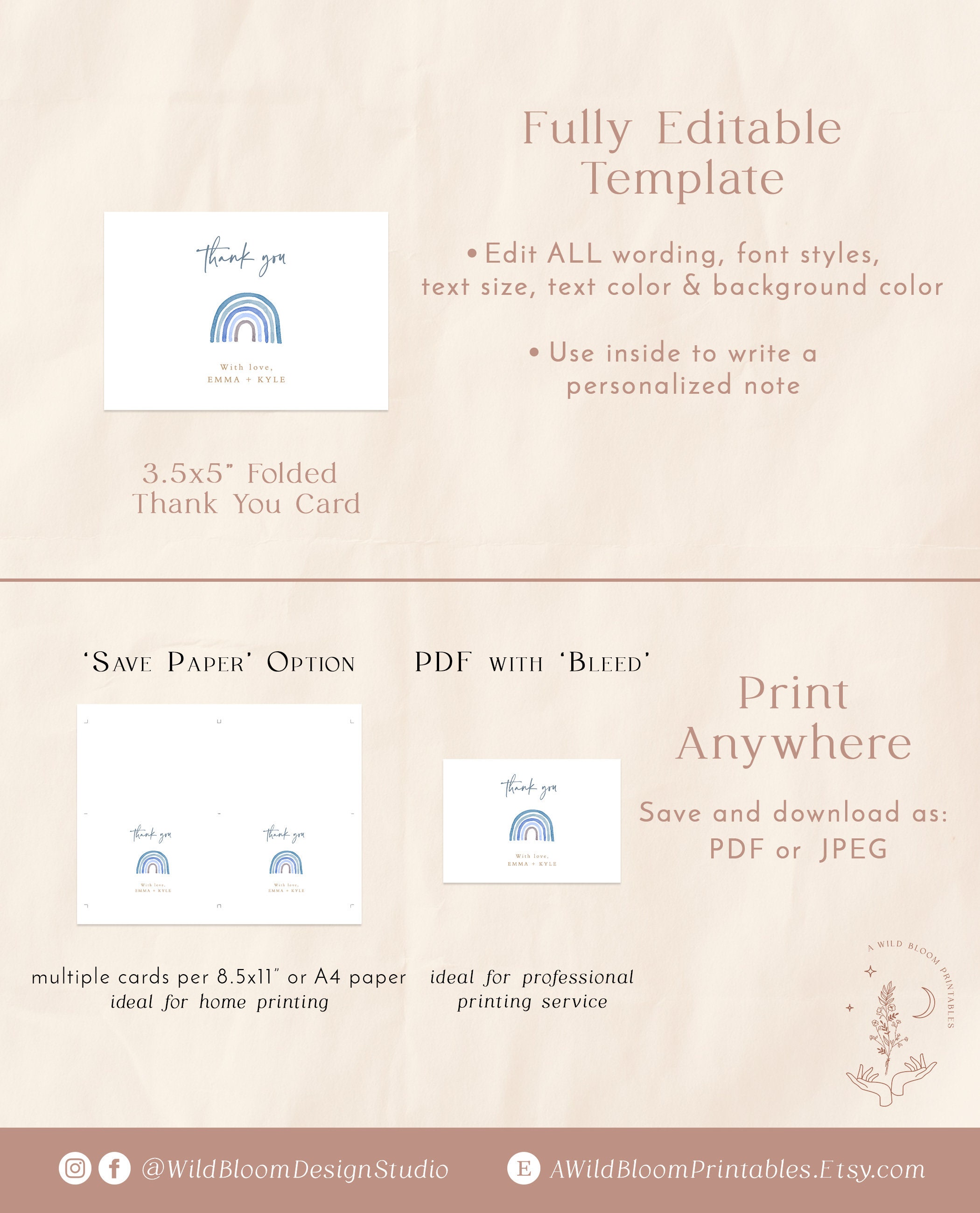 Rainbow Thank You Cards Template Editable Thank You Card | Etsy