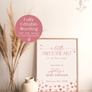 Girl Baby Shower Welcome Sign Template, A Little Sweetheart, Pink Baby ...