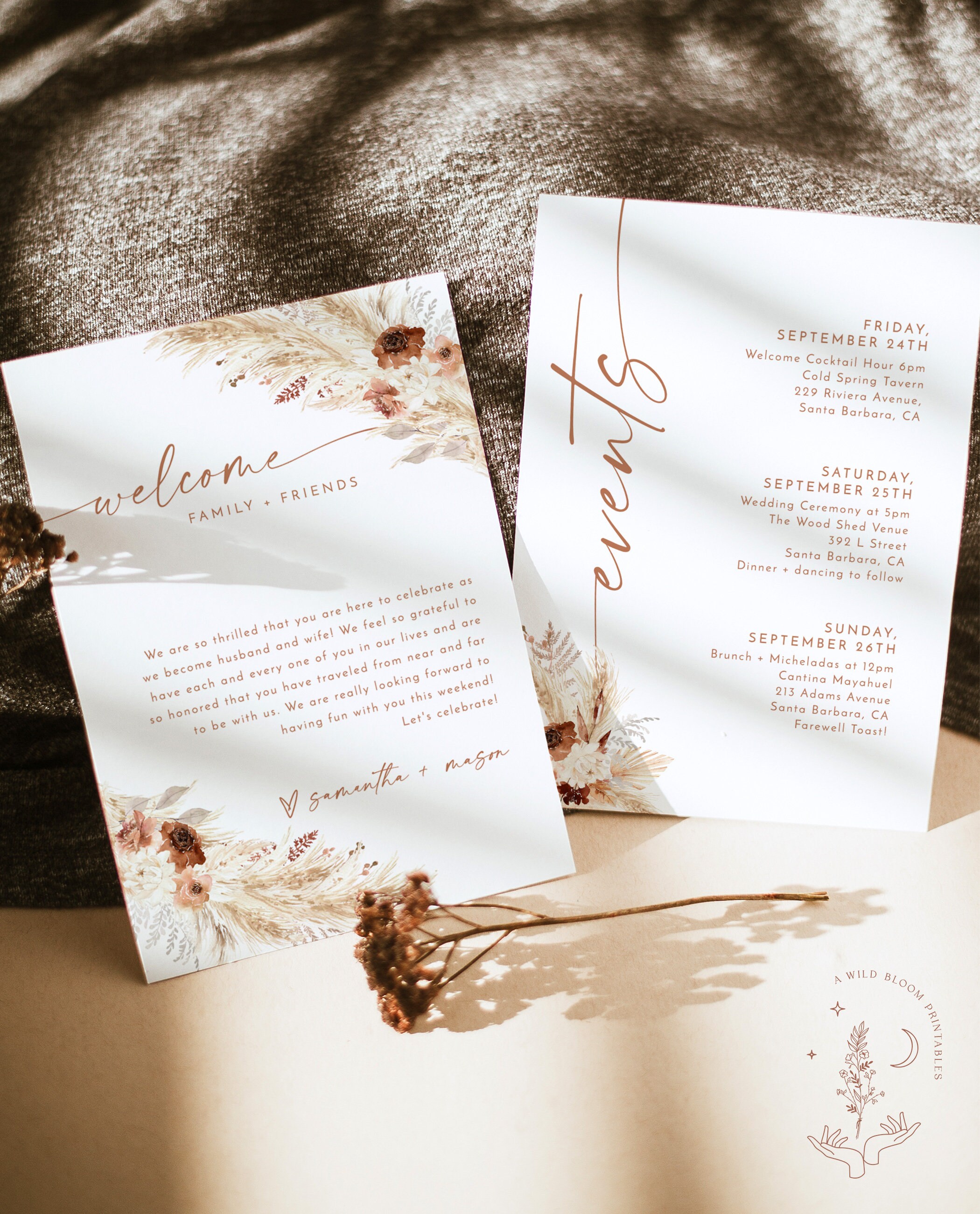 Boho Wedding Events Card, Weekend Events, Wedding Itinerary Template ...